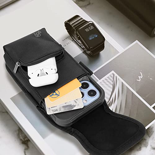Perilogics Phone Holster with Magnetic Cover. Belt Clip Pouch for iPhone 15 Plus, 15 Pro Max, 14 Plus, iPhone 14 Pro Max, 13 Pro Max with Phone Case Installed. Zipper Storage and Credit Card Pocket