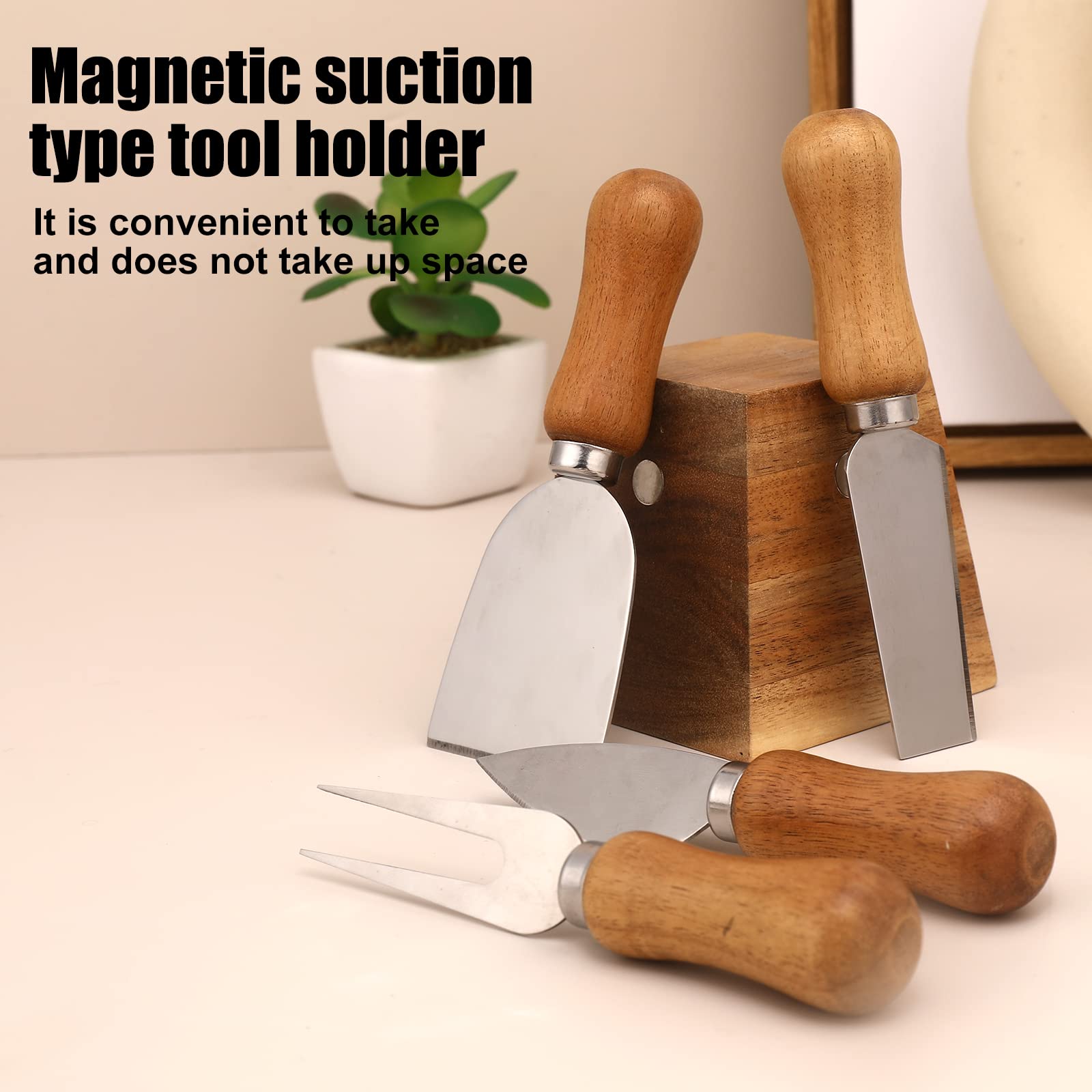 olelo 4 Pieces Cheese Knives Set Includes 4 Stainless Steel Cheese Slicer Cheese Cutter with Wooden Handle & 1 Wooden Magnetic Block Standā¦