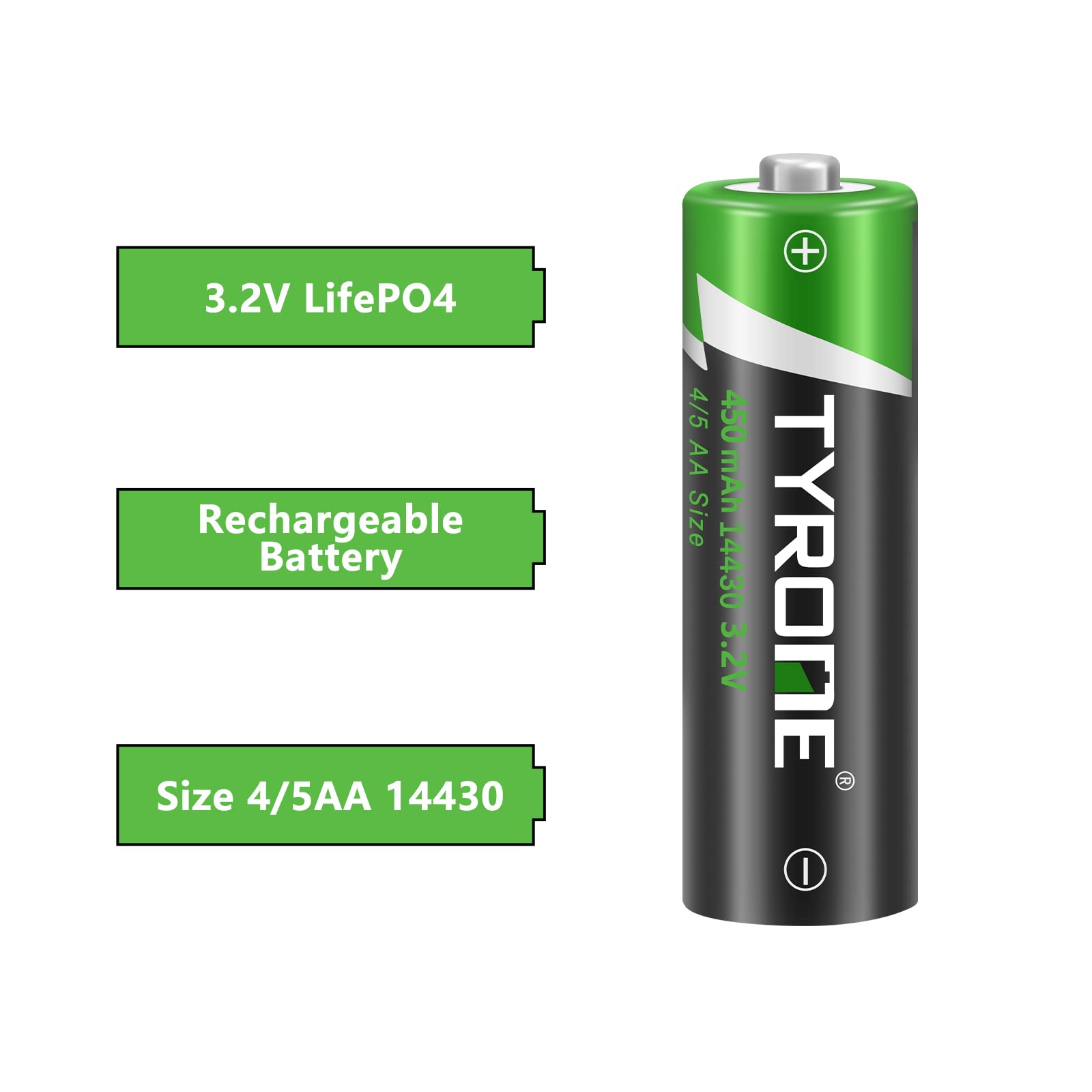 tyrone 14430 3.2 Volt Rechargeable Solar Battery, 3.2V 450mAh 14430 Rechargeable Battery for Outdoor Garden Light, Solar Panel Light, Tooth Brush, Shaver, Flashlight (4 Pack)…