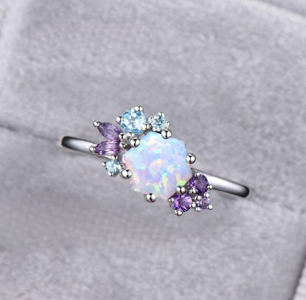Vintage amethyst opal engagement ring Hexagon cut opal ring 14k white gold ring cluster topaz ring women art deco unique bridal ring gift (WHITE GOLD, 5)
