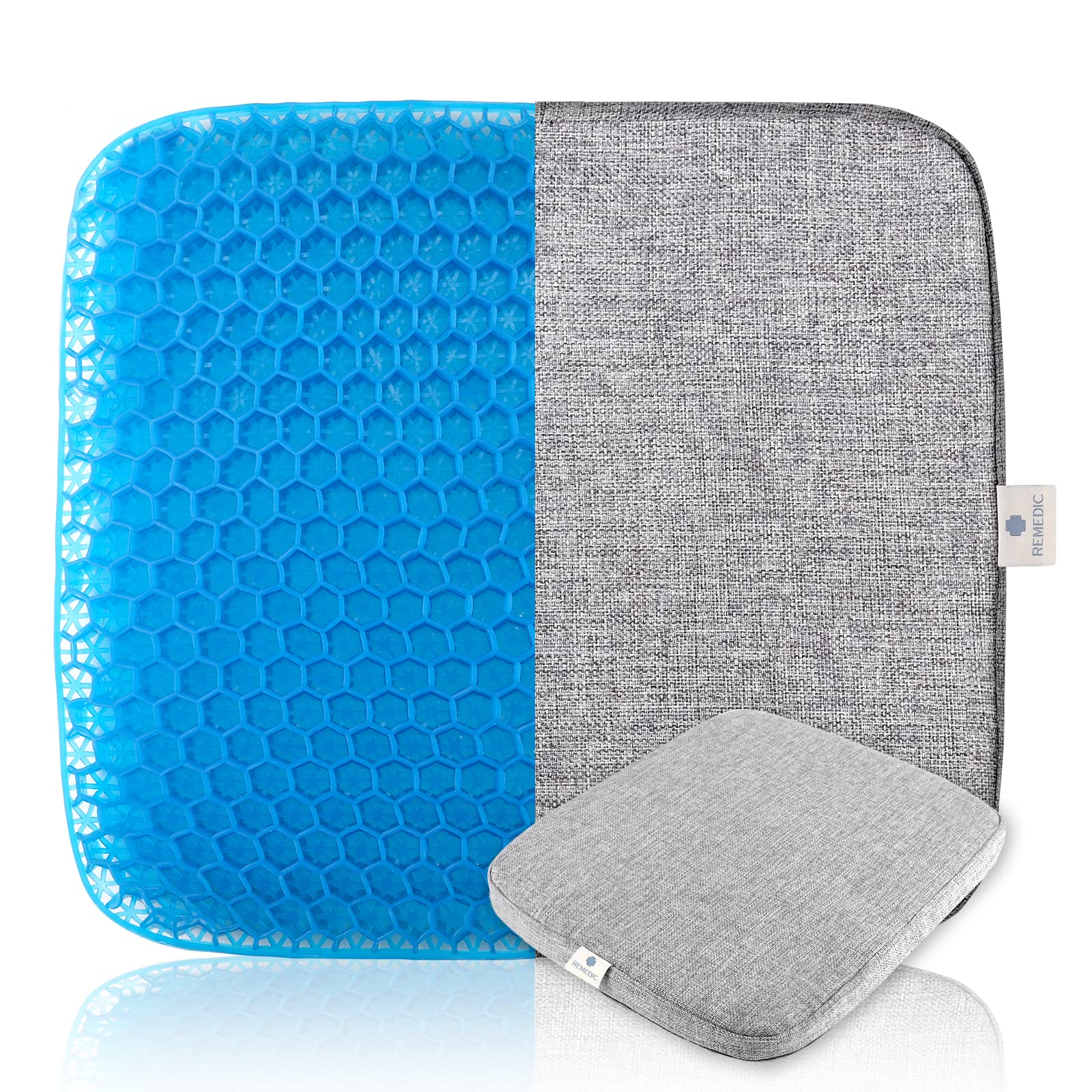 remedic Gel Seat Cushion - Double Thick Incontinence Non-Slip Pad Chair Cushion Breathable Honeycomb Pressure Wheel Design Moisture Proof Machine Washable Fabric Cover Grey