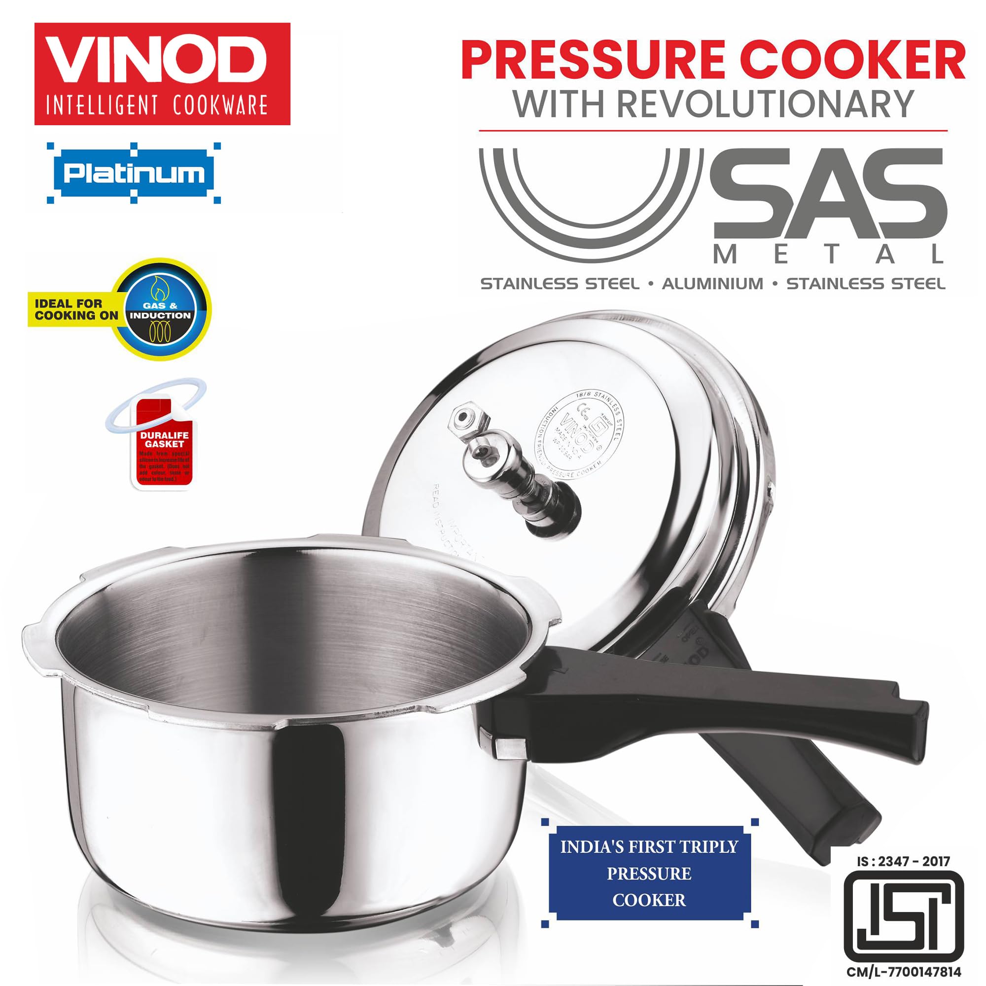 Vinod Platinum Triply SS Pressure Cooker 5.0ltr