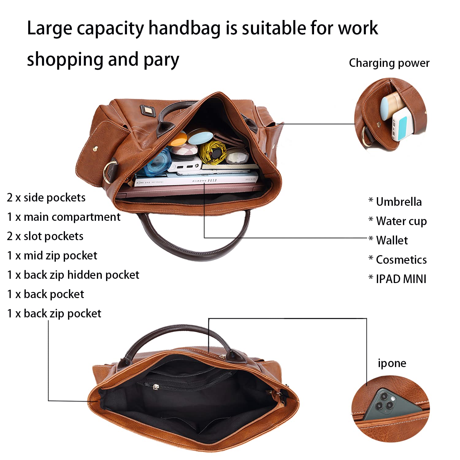Women Top Handle Satchel Handbags Large Purses Faux Leather Tote Bag School Shoulder Bag with External Pocket (black)