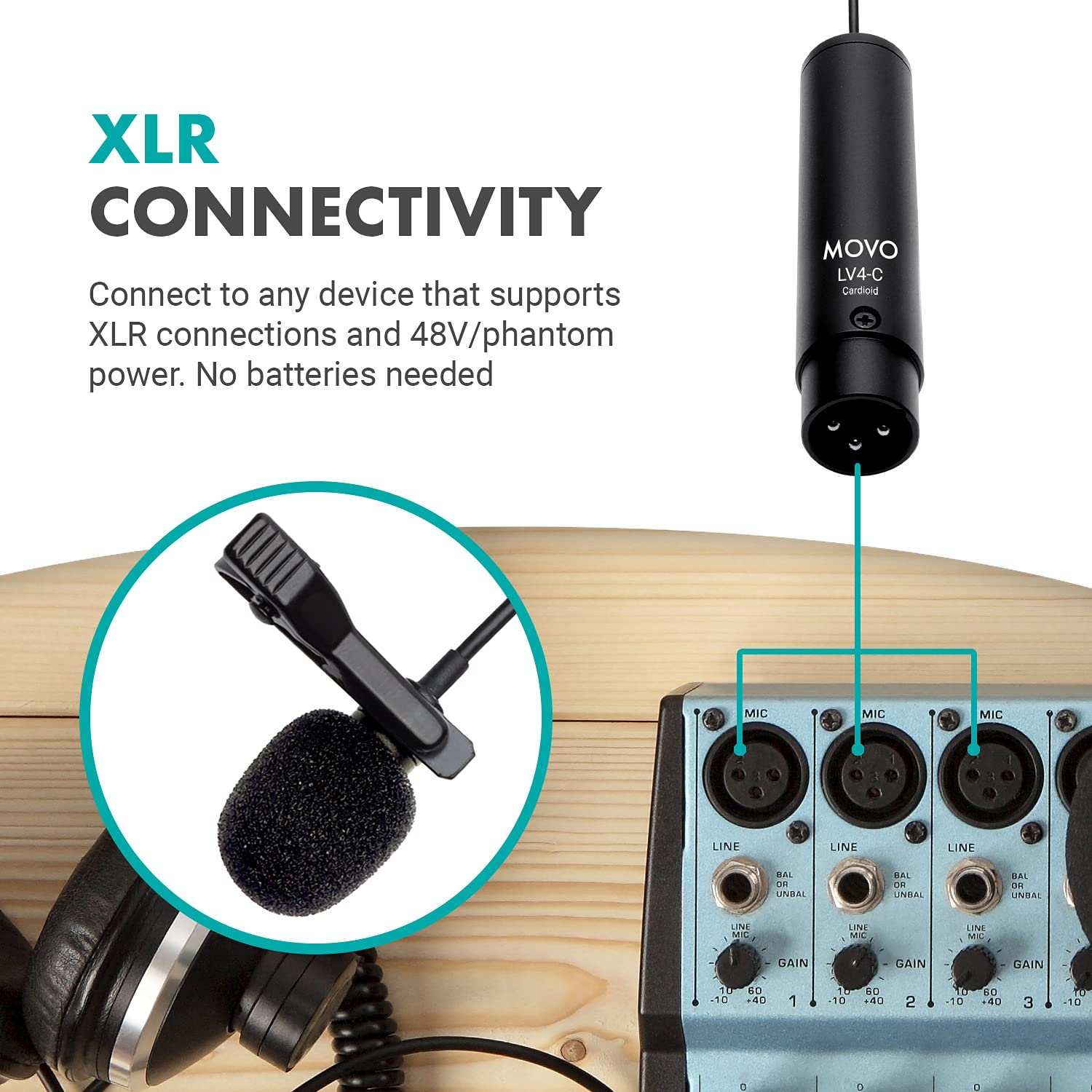 Movo LV4-C Cardioid XLR Lavalier Microphone Phantom Power with Metal Lapel Clip and Windscreen Accessories - Great External Lav Mic for Music, Podcast, Live Stream, Filming or YouTube Recording