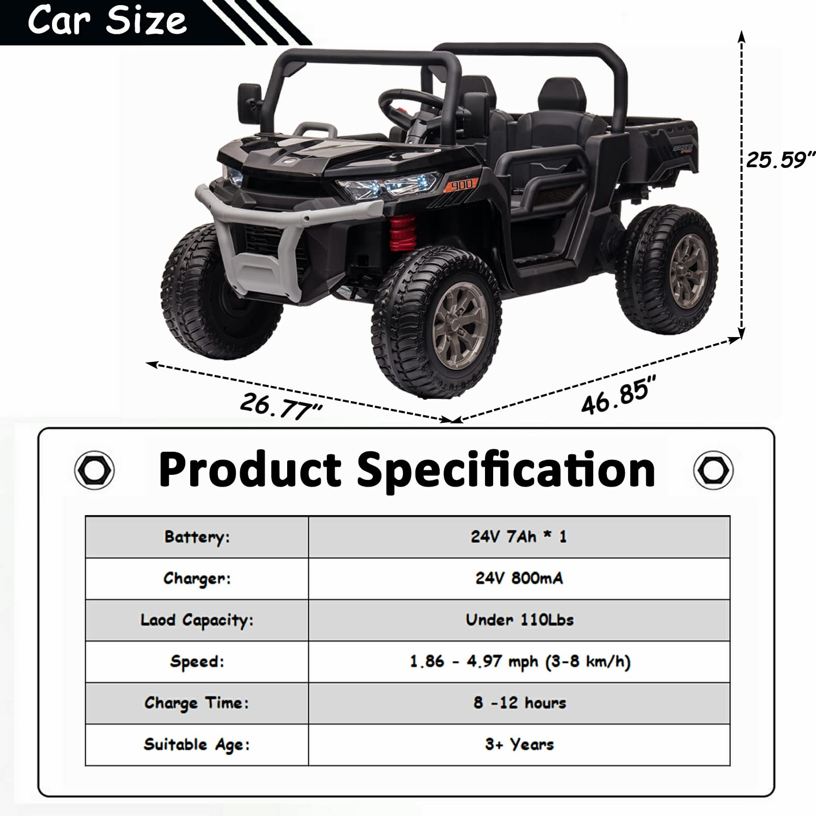 Sopbost 24V Ride On Truck Car UTV Dump Bed/Shovel 2 Seater, 2x200W Motor Remote Control Electric Vehicle with EVA Rubber Tires for Boys Girls (Black)