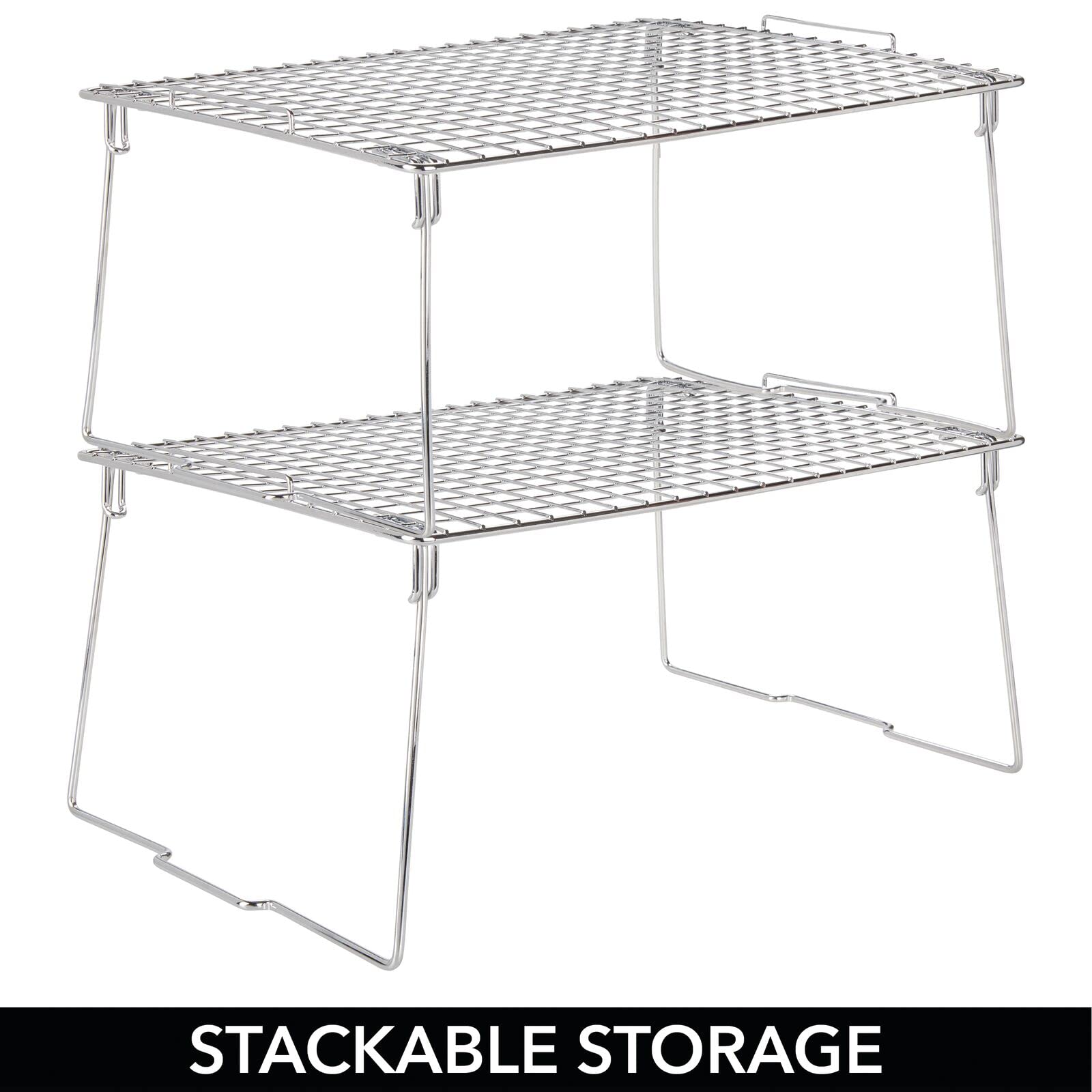 mDesign Farmhouse Metal Stackable Storage Shelf - Closet, Cabinet, Countertop 2-Tier Raised Organizer - for Bedrooms, Bathrooms, Entryways, Hallways - 12" x 17" x 8.4" - 2 Pack - Chrome