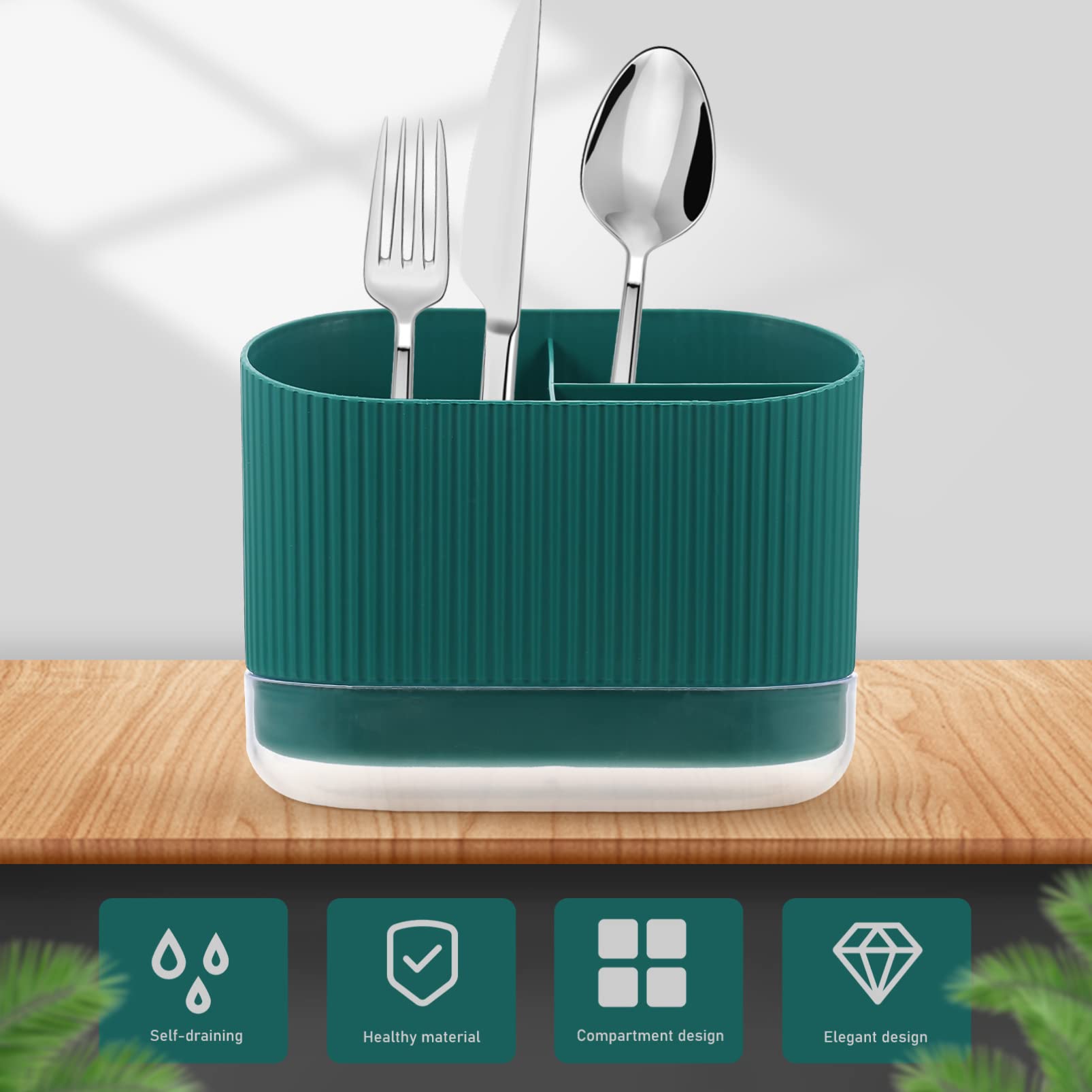 TOPBATHY Kitchen Utensil Draining Chopstick Cage Silverware Drainer Basket 3 Divided Cutlery Drying Utensil Crock Sink Countertop Flatware Organizer for Spoons Forks Green