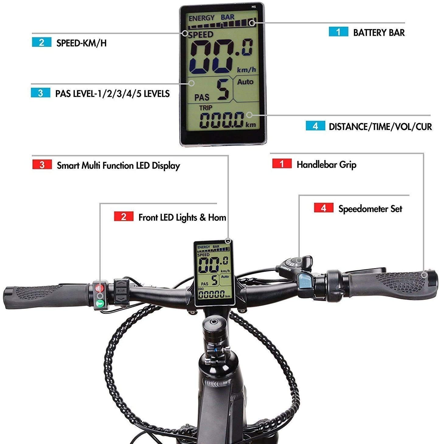 NAKTTO 26" 500W Electric Bicycle Fat Tire Mountain EBike 6 Speeds Gear Removable 48V12A Lithium Battery Smart Multi Function LED Display - with 48V12A Lithium Battery