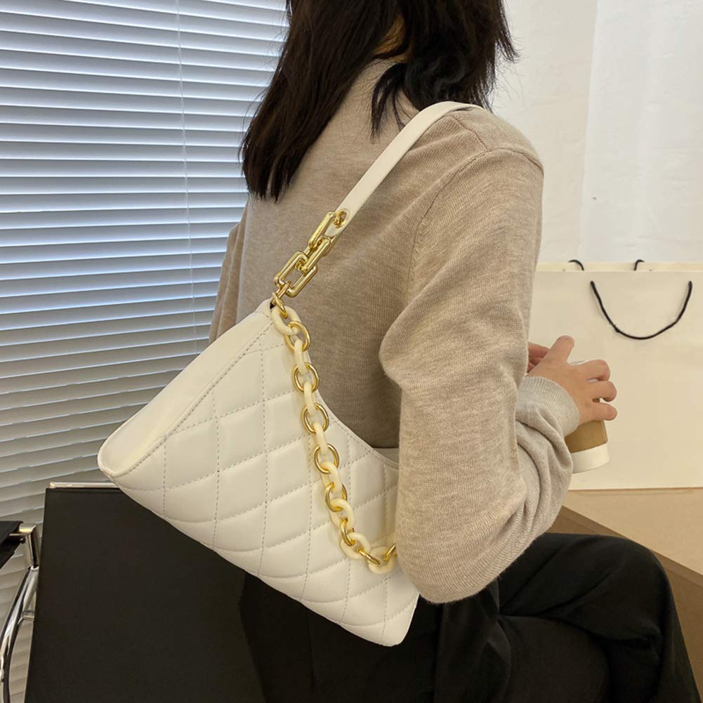 Women Chain Handbags Solid Lattice Pattern Travel Simple Shoulder Underarm Bag, White, 21 x 18 x 5cm