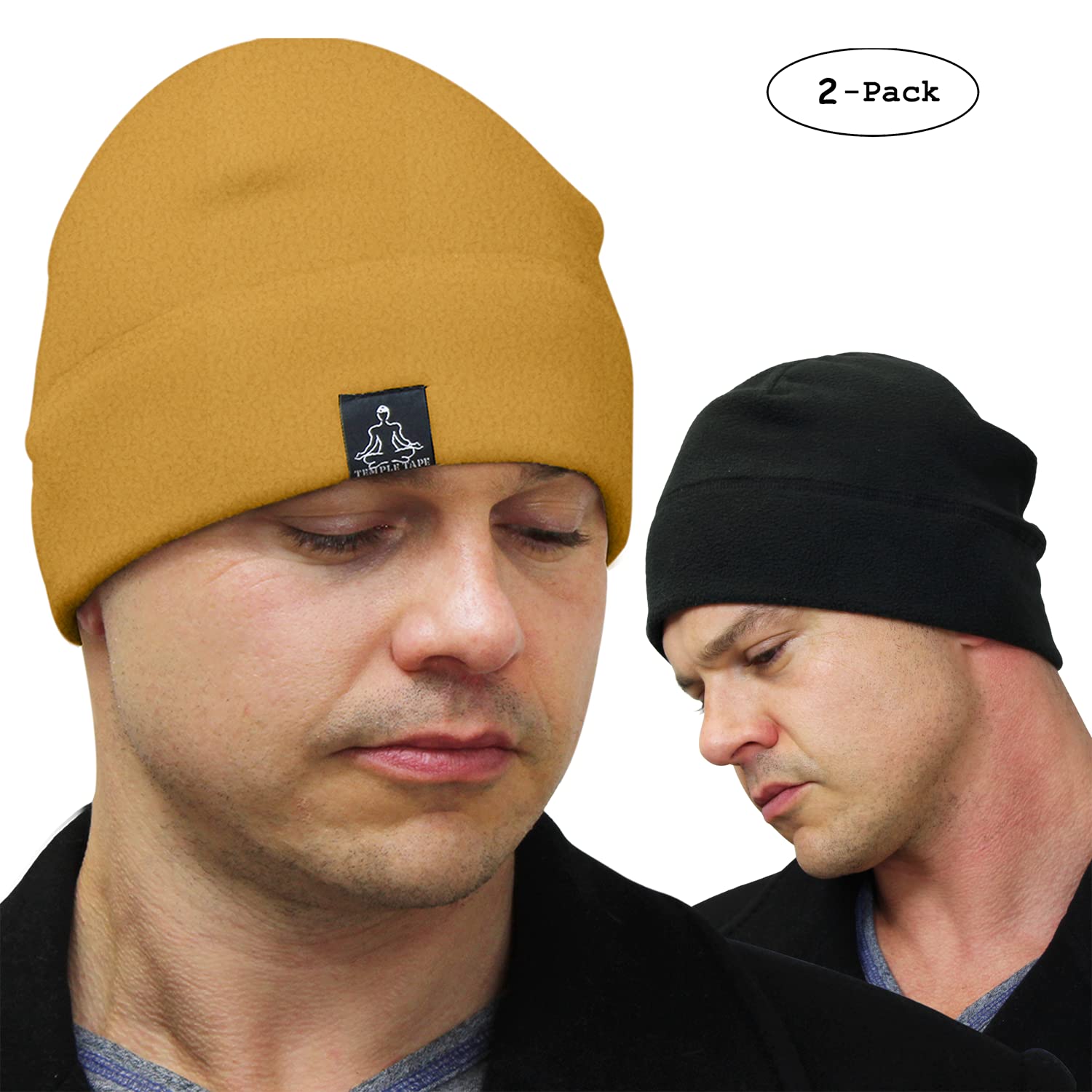 Temple Tape Tactical Fleece Watch Cap Beanie β Skull Cap Fleece Hat - 2 Pack Black/Sand Brown - One Size (Fits Most Heads)