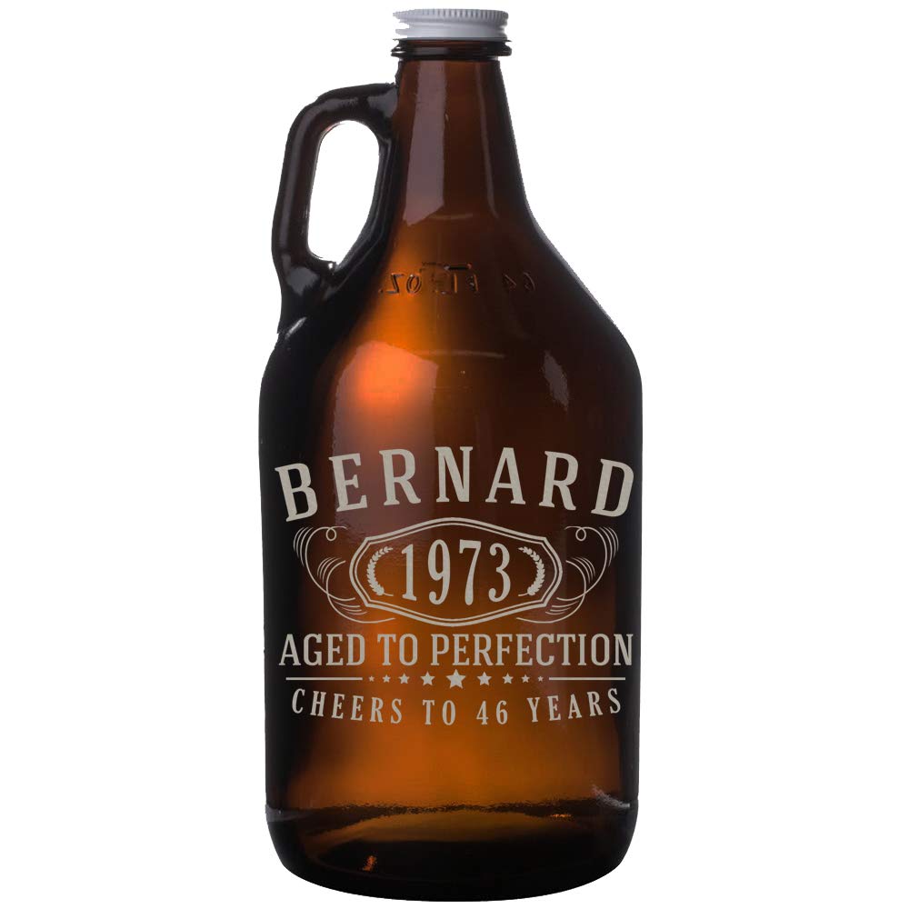 Spotted Dog Company Personalized Etched 64oz Amber Glass Beer Growler - Customized Engraved Gifts for Men - Beer Gifts for Men - Birthday Gifts, Bernard