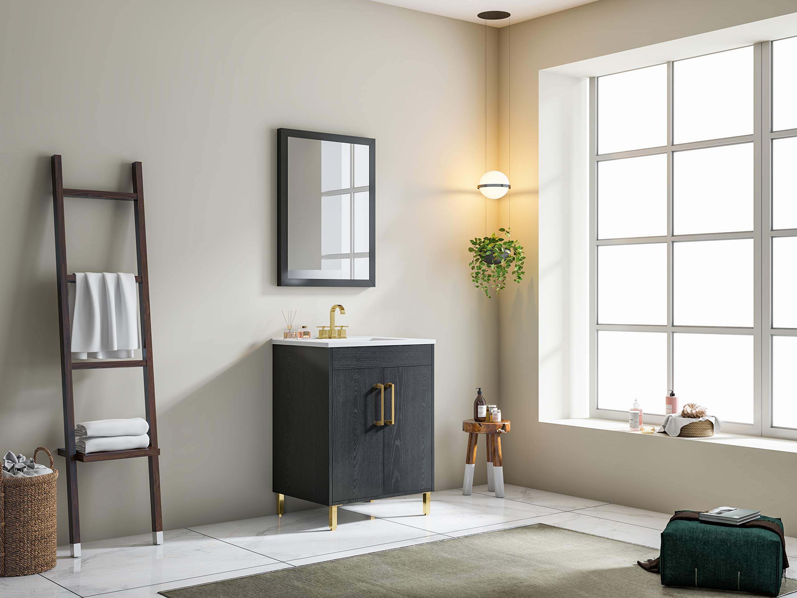 phiestina 24 Inch Black Bathroom Vanity with Ceramic Countertop Sink Combo, 2 Doors Black Bathroom Cabinet Set, BV01-MGD-BLACK