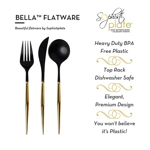 Sophistiplate Bella Flatware Cutlery Set for 12 | Fork, Spoons & Knives Silverware Utensil Set | Reusable Dinnerware Sets Plastic & Top Rack Dishwasher Safe | Black with Gold Handles