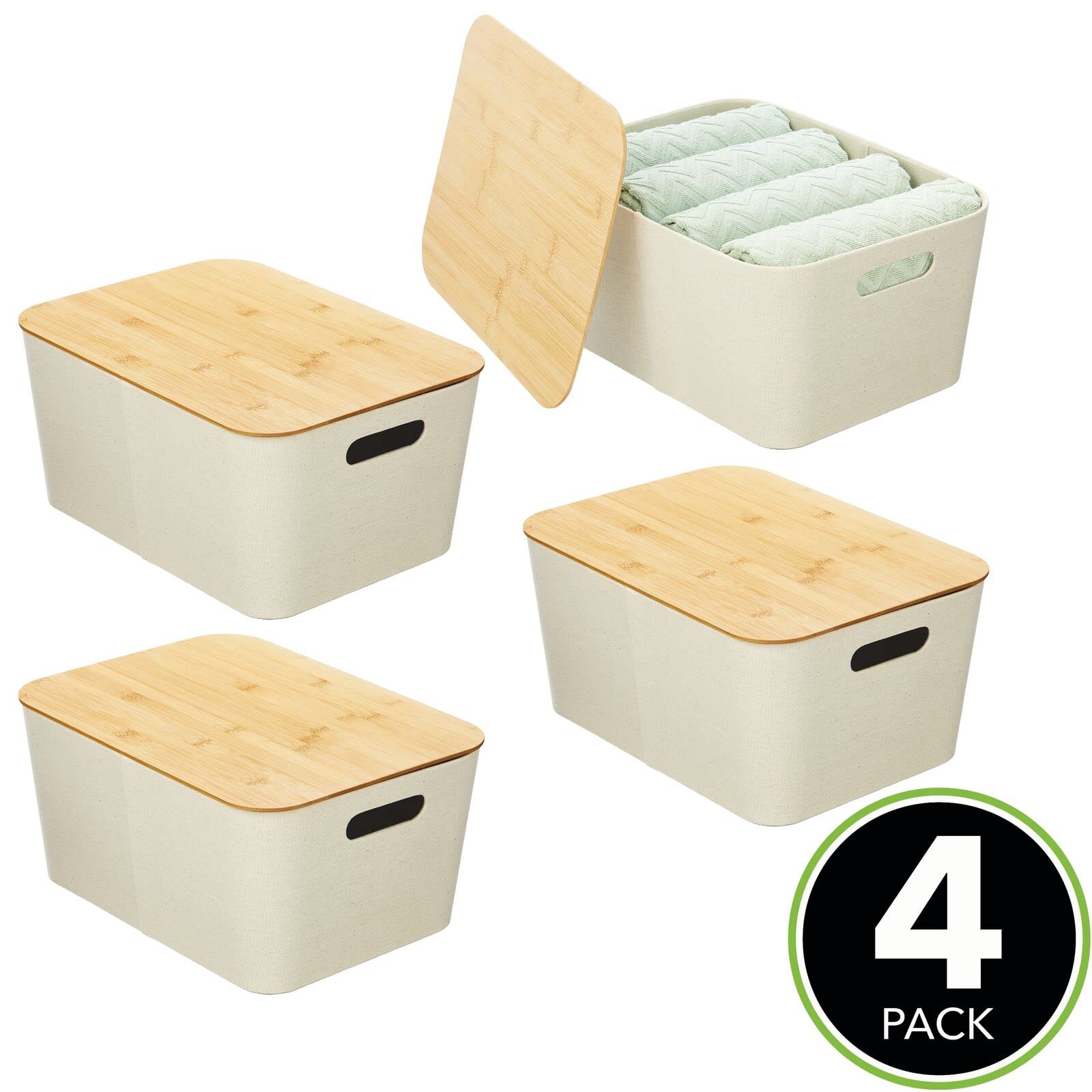 mDesign Modern Fabric Covered Basket with Lid, Stacking Decorative Storage Bin Box with Bamboo Cover for Closet, Living Room, Kitchen, Office Shelf, Holders for Clothing/Accessories, 4 Pack, Cream