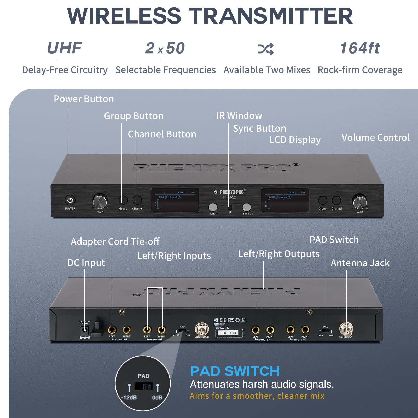 Phenyx Pro UHF Mono Dual Wireless in-Ear Monitor System, Metal Wireless IEM System, Sturdy Bodypack Receiver, 2x50 Frequencies, Separate Outputs,164ft Operation, Suitable for Band and Studio (PTM-22)