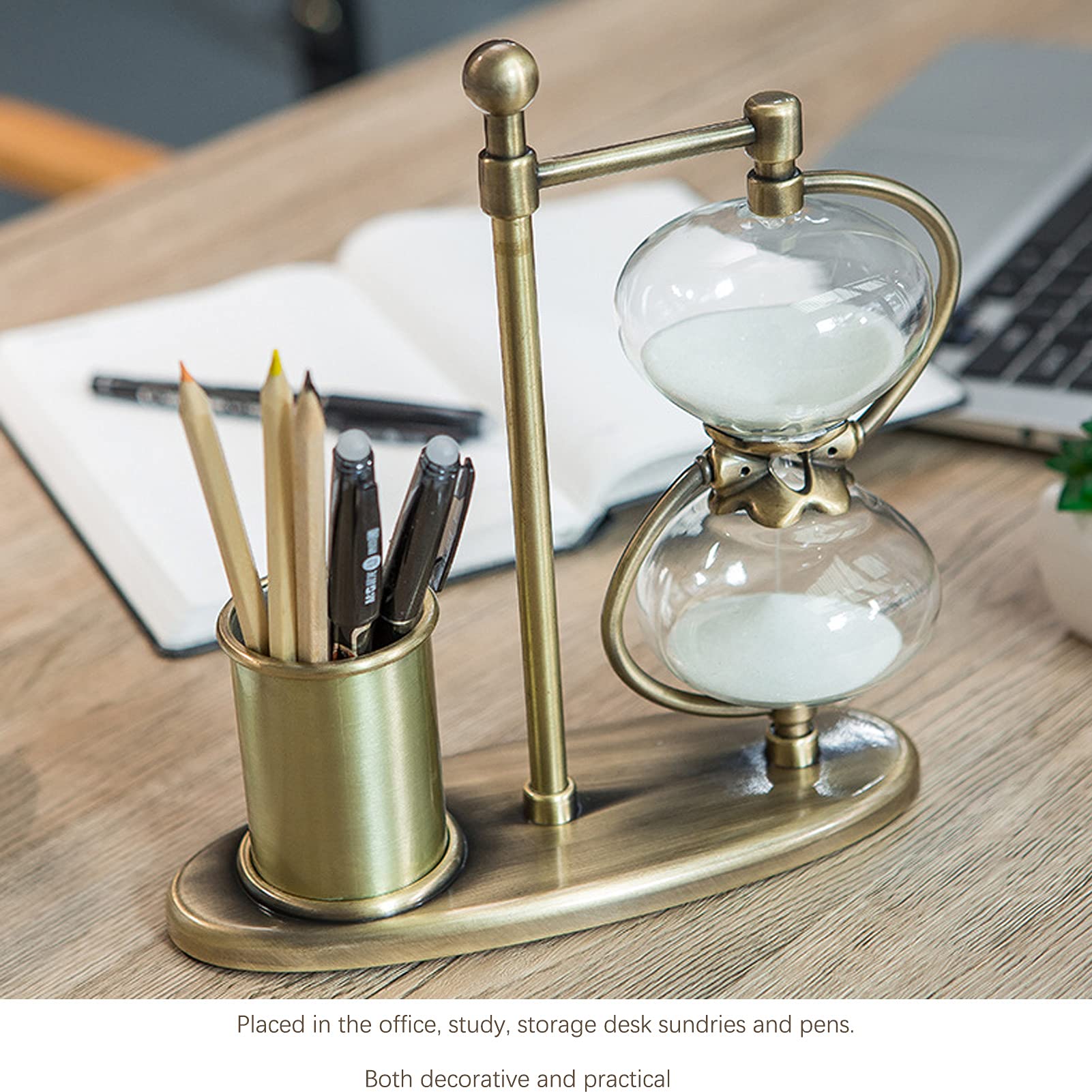 Vintage Hourglass Sand Timer,Metal Visual Timer Sandglass Clock with Pen Holder,Hour Glasses with Sand 60 Minutes for Office Desk Decor,Creative Gift