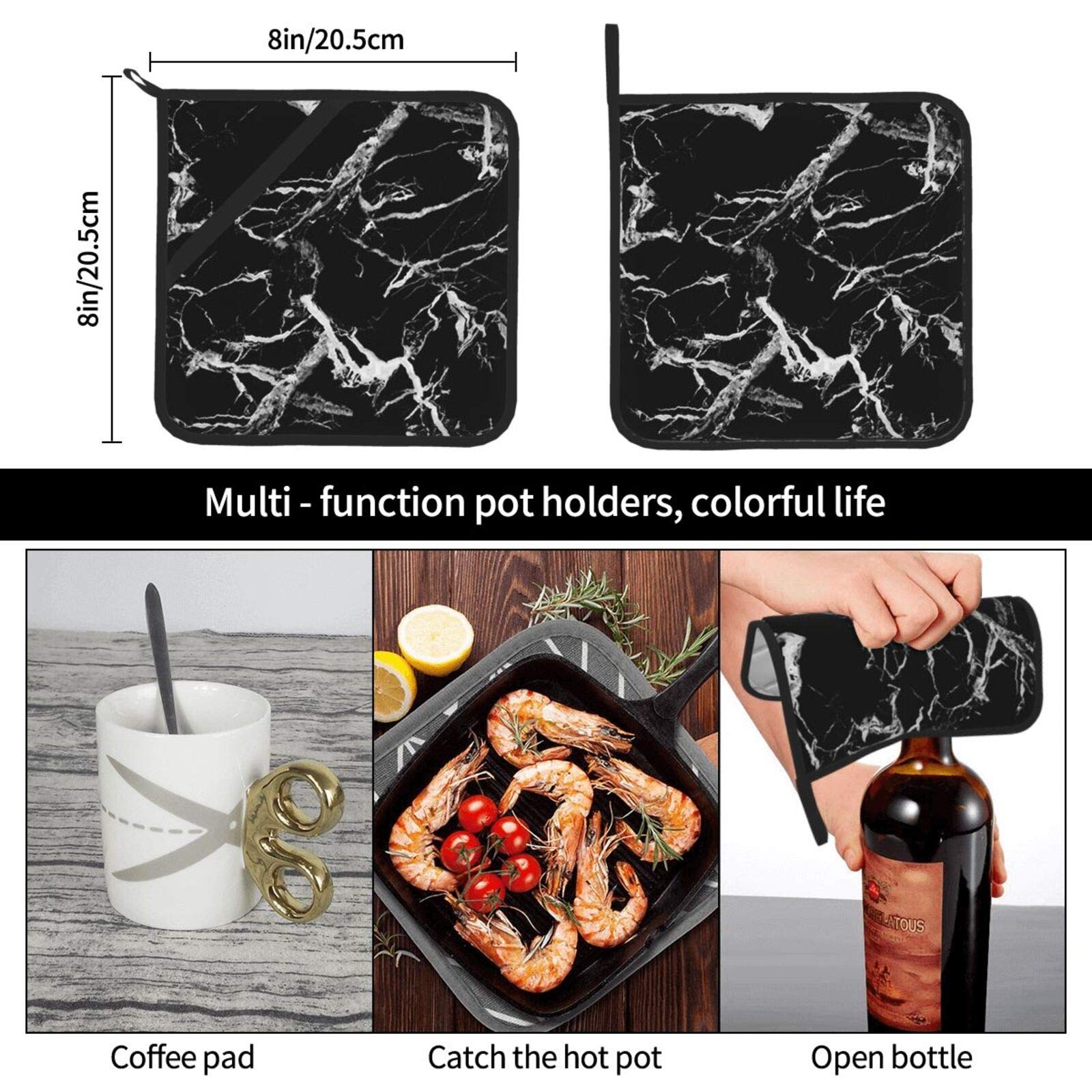Stripe Marble Black and White Pot Holders Set of 2 Heat Resistant Hot Pot Holder Pads Kitchen Potholder for Cooking and Baking