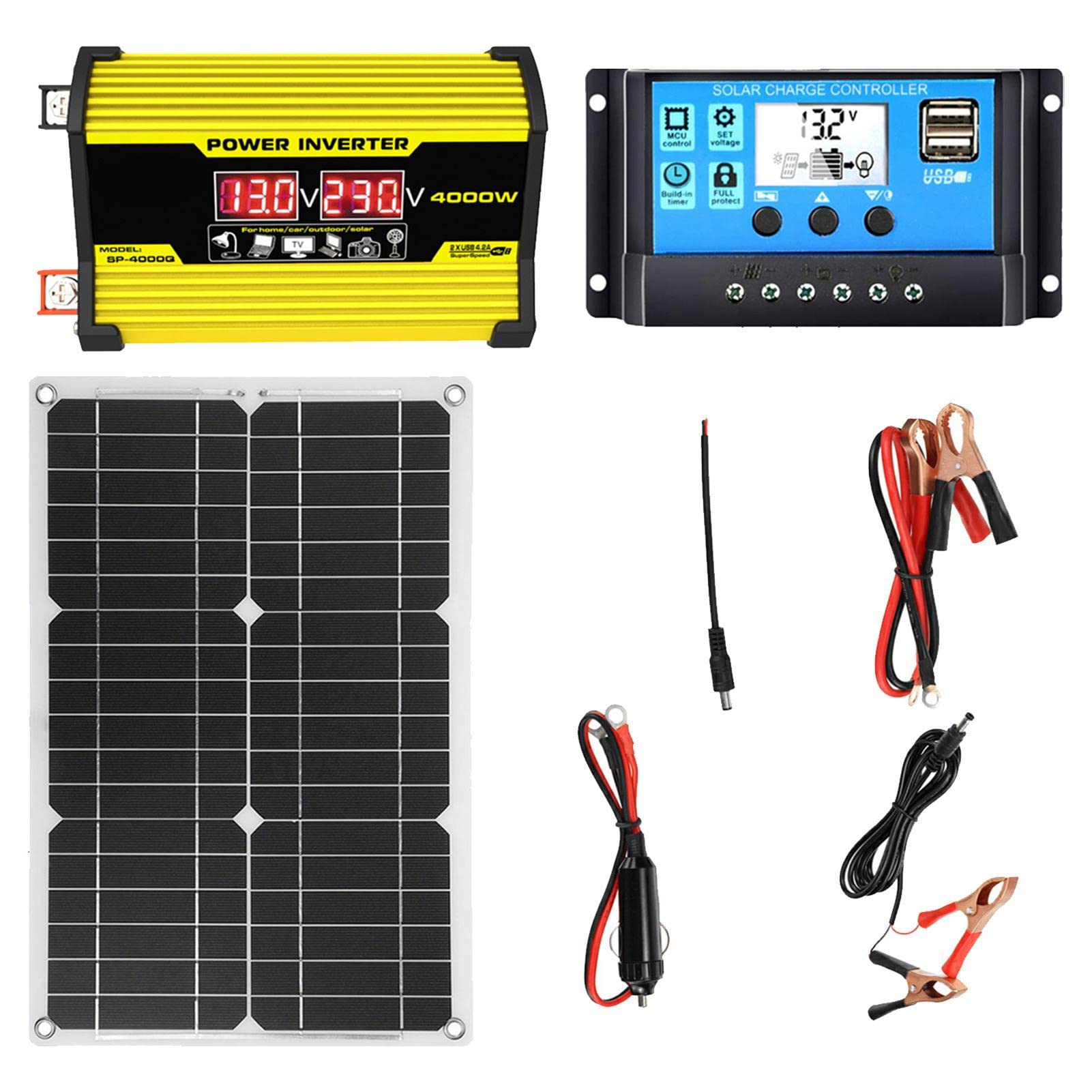 Qmisify Solar Kit, ABS 18W 12V Solar Panel 300W Inverter Charger, DC 12V to AC 110V/220V Solar Converter 30A Controller with 2 USB Ports and LED Display