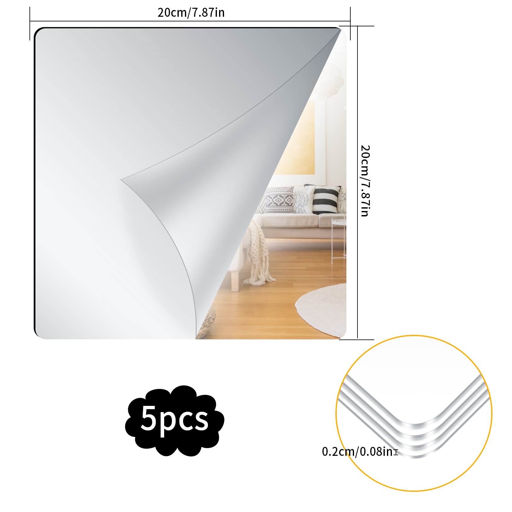YOUYIDUN 5Pcs Self Adhesive Acrylic Mirror, Wall Mounted, Square, 8 x 8 Inch, Non-Glass Sticky Mirror Tiles for Bathroom Home Decor