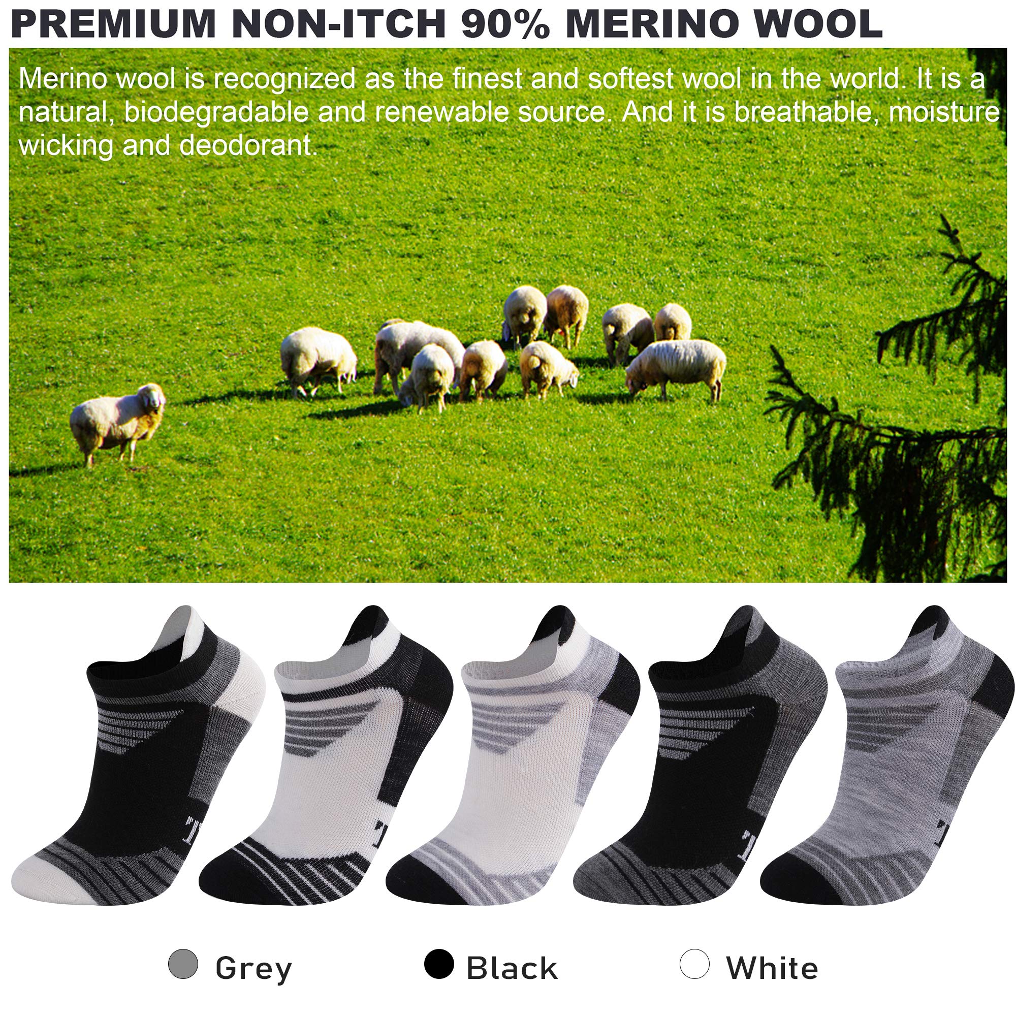 RTZAT 90% Merino Wool Athletic Running Tennis Ultra-Light Ankle Low Cut No Show Cushioned Socks for Men & Women, Large, Black&Dark Gray, 3 Pairs