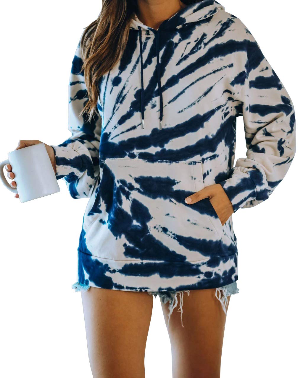 REVETRO Womens Tie Dye Sweatshirt Hooded Pocket Pullover Hoodies Long Sleeve Tunic Tops Navy Blue Large