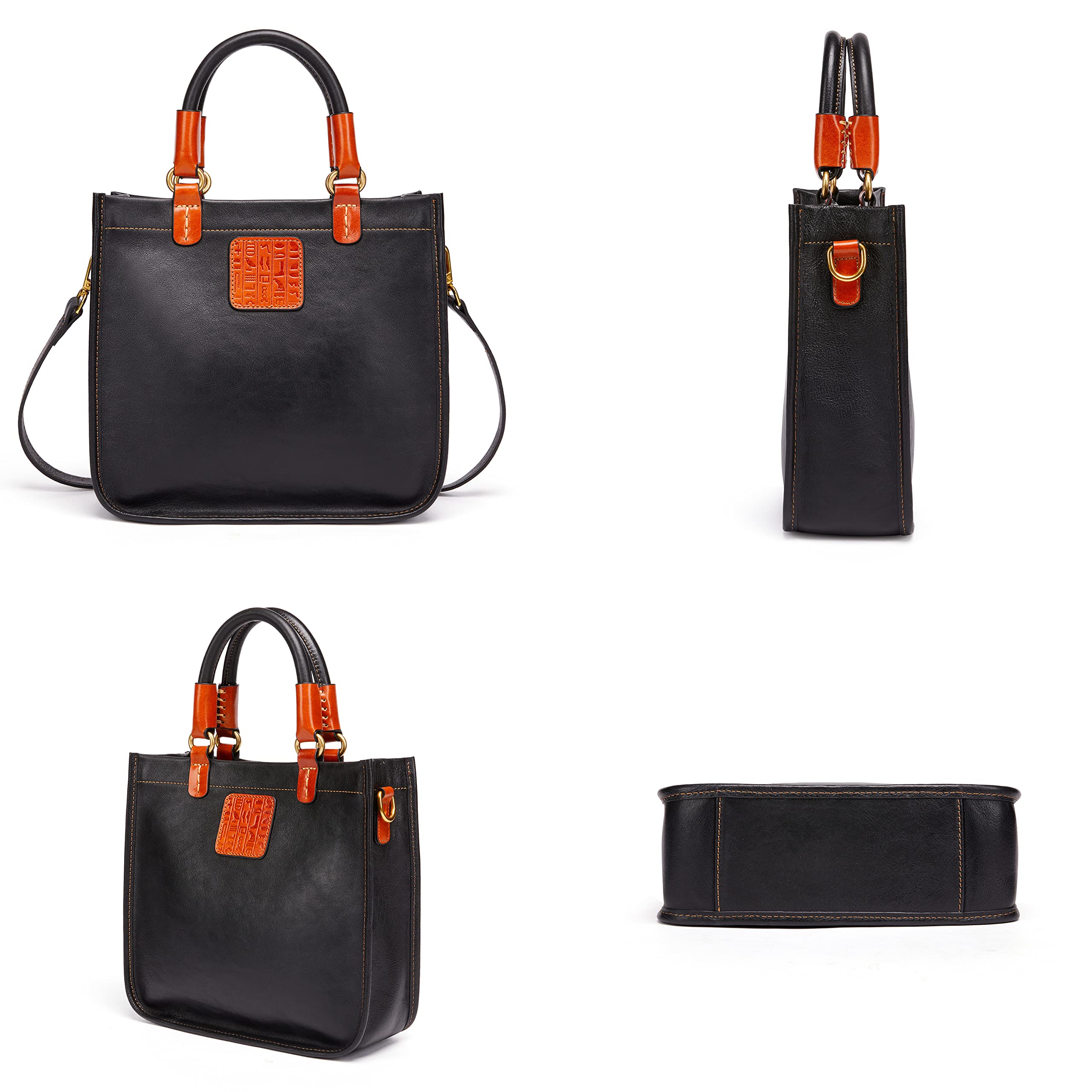 Vintage Leather Tote Bag For Women Casual Top Handle Shoulder Purse With Wide Straps (1-Black)