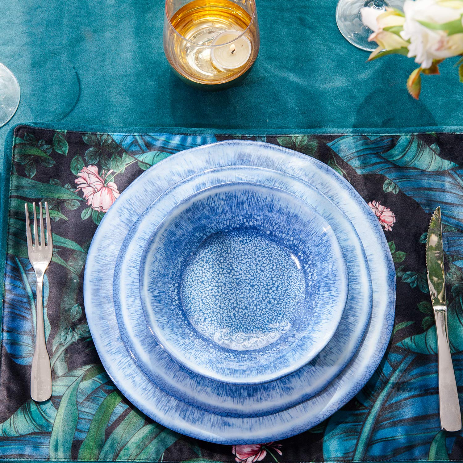 Topmela 12 Pcs Blue Melamine Dinnerware Set, Shatterproof and Dishwasher Safe, Ideal for Indoor and Outdoor Use