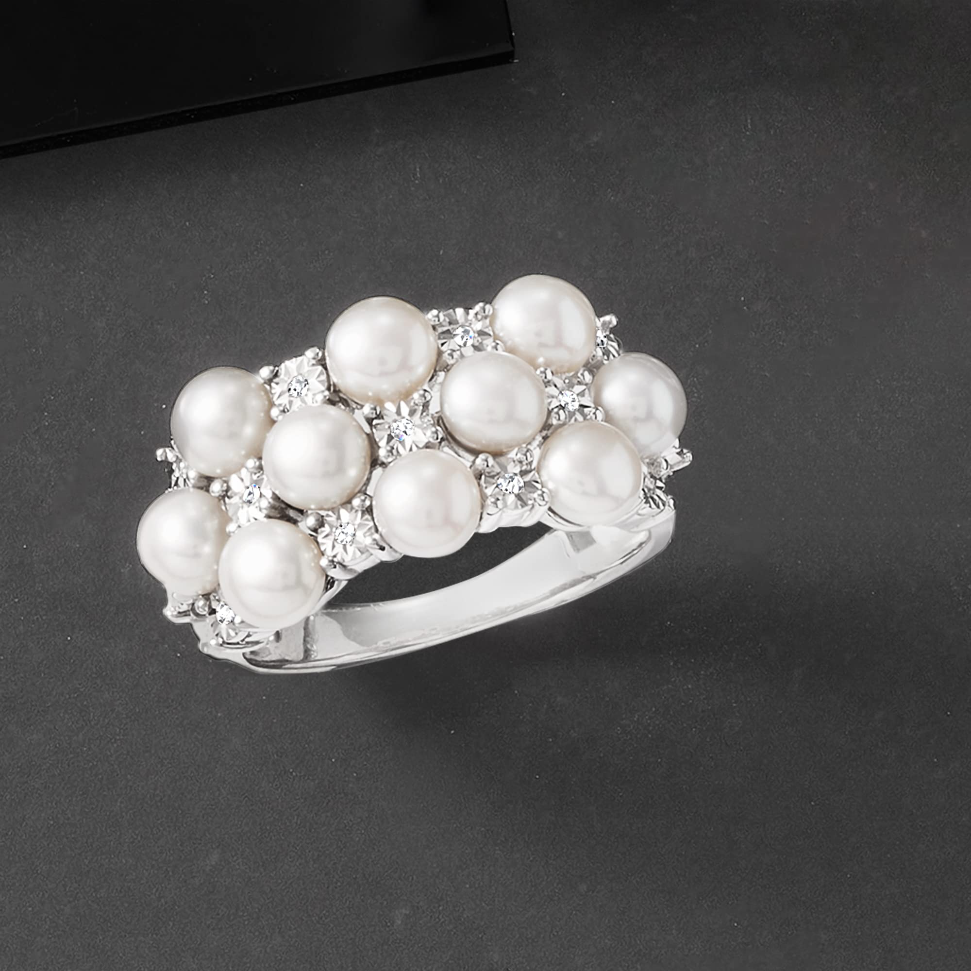 Ross-Simons 4mm Cultured Pearl Ring With Diamond Accents in Sterling Silver. Size 8