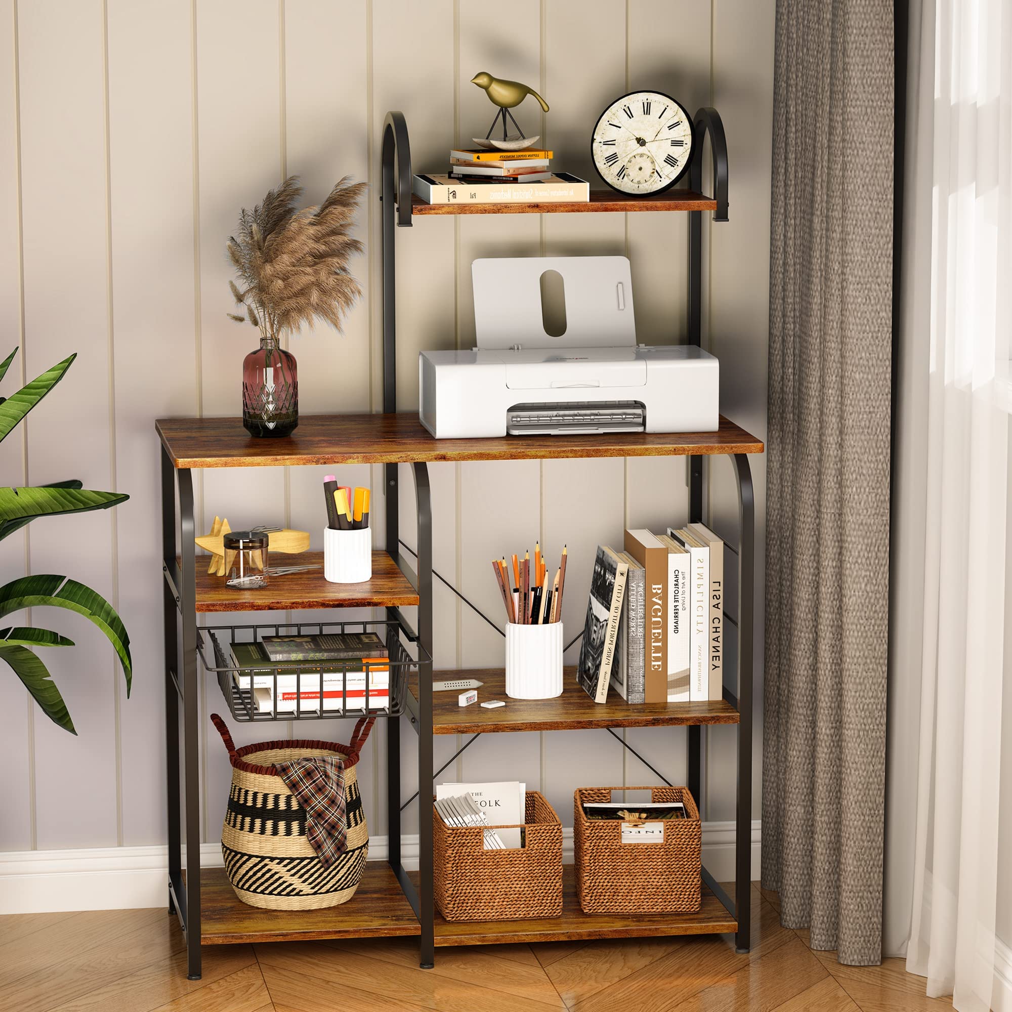 Mr IRONSTONE Bakers Rack Microwave Stand Kitchen 35.5" Microwave Cart 3-Tier+4-Tier Kitchen Shelves for Spice Organizer Coffee Station with 10 Hooks, Easy to Assemble (Vintage), 90 × 40 × 131 cm