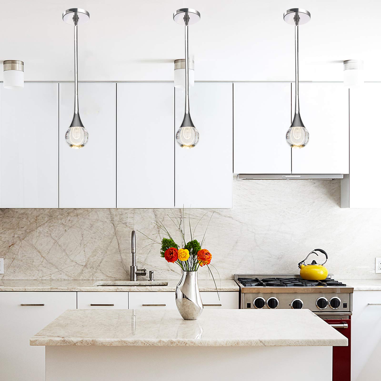 MOTINI 1-Light Teardrop Crystal Pendant Light in Silver Polished Nickel Finish Mini LED Light Globe Metal Rod Ceiling Single Pendant Lighting for Kitchen Bedroom Dining Room Bar Fixture Lights