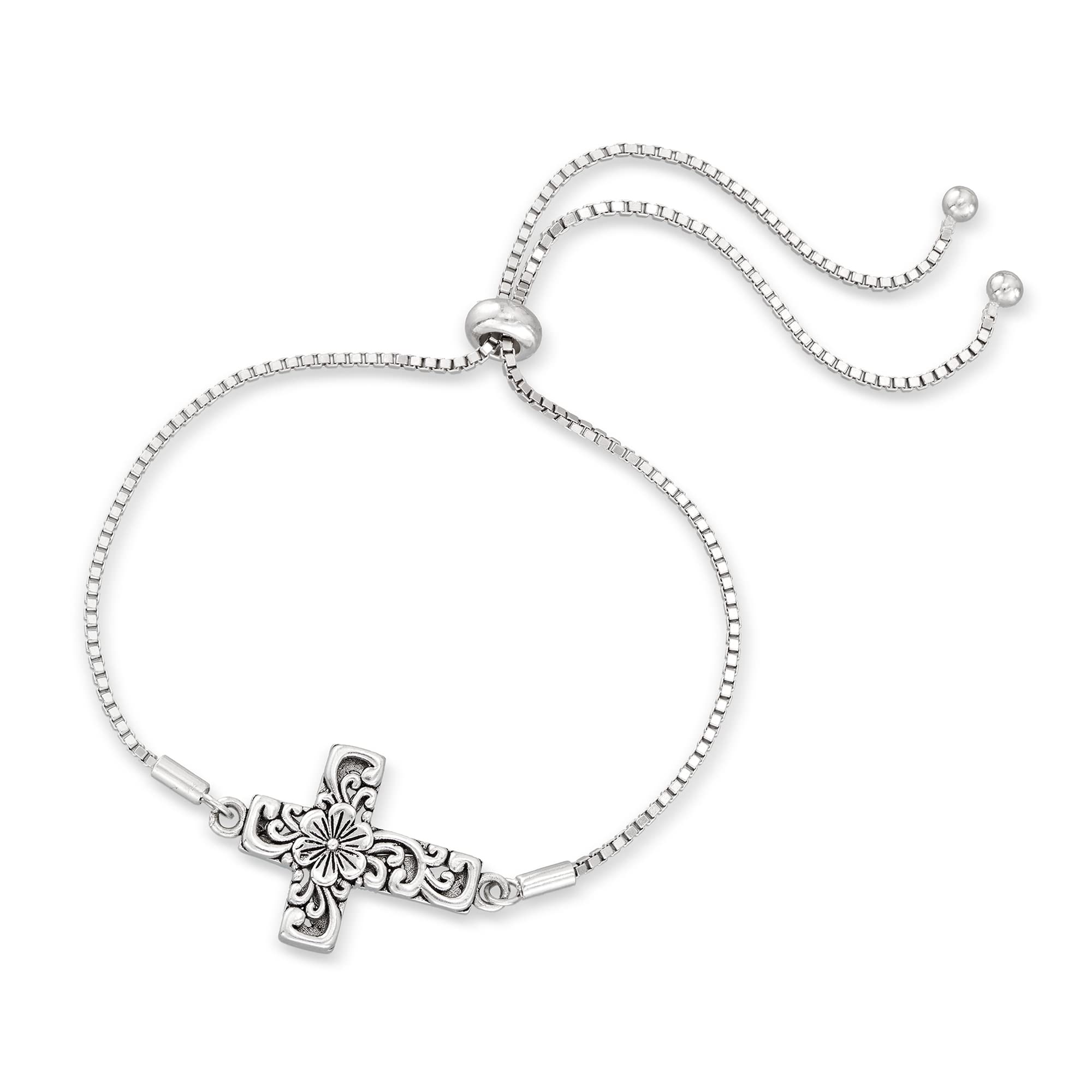 Ross-Simons Sterling Silver Bali-Style Floral Cross Bolo Bracelet