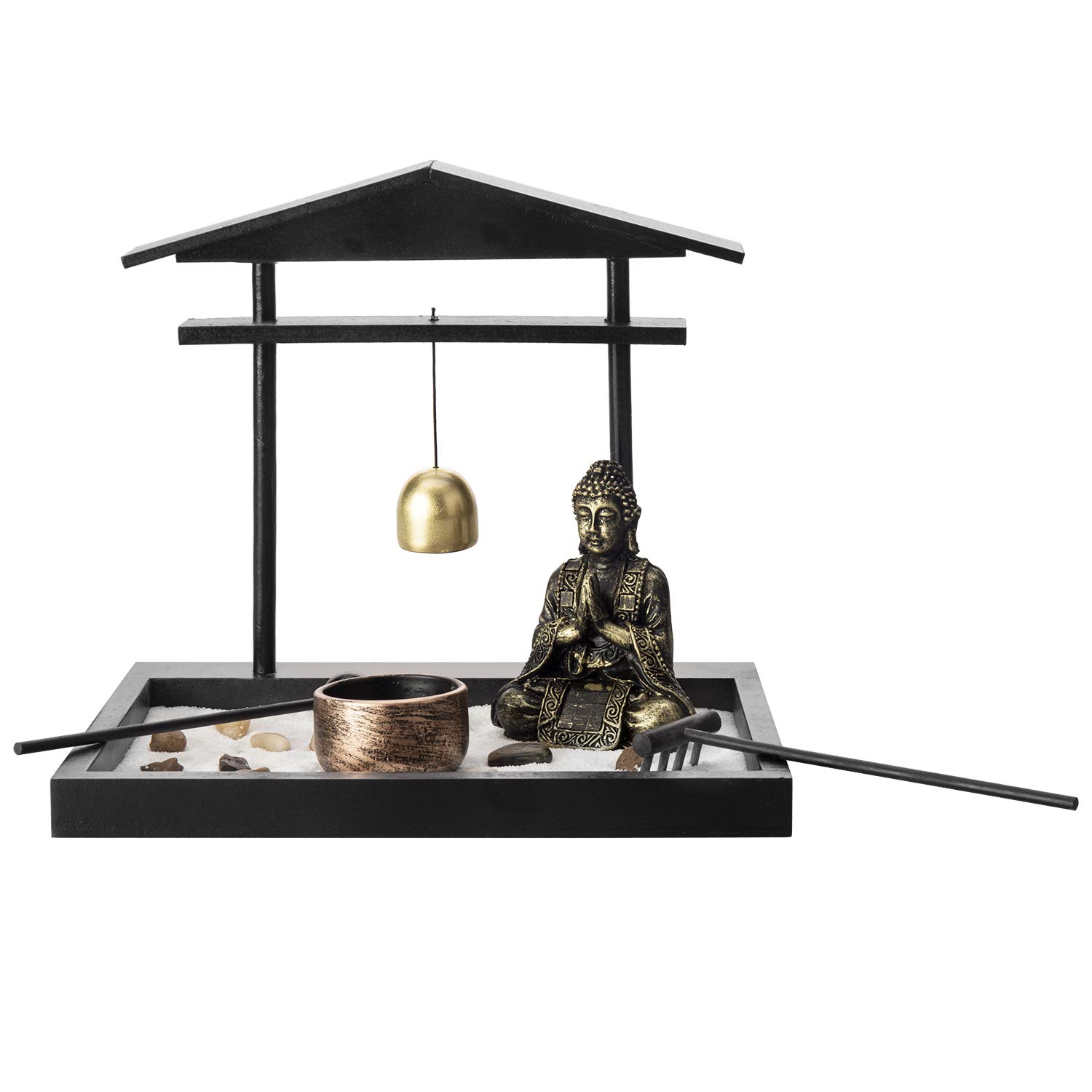 MyGift Mini Zen Sand Garden Set with Buddha Statue, Bell, Rake, Candle Holder & Tray