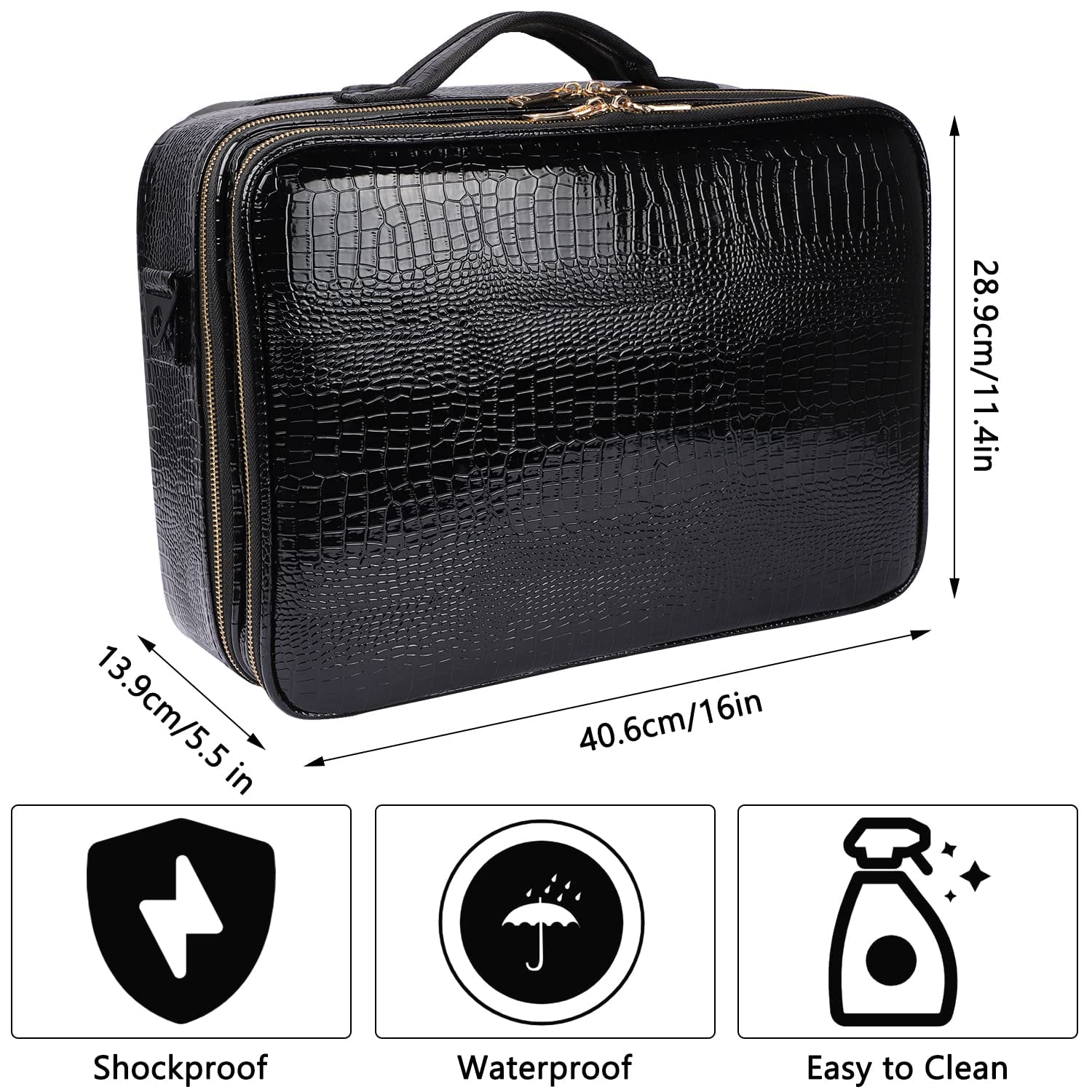 Oewoer Travel Makeup Train Case PU Leather Professional Makeup Case 16" with Adjustable Strap Portable Cosmetic Organizer Artist Storage Bag for Toiletry Jewelry Digital Accessories (L-Black)