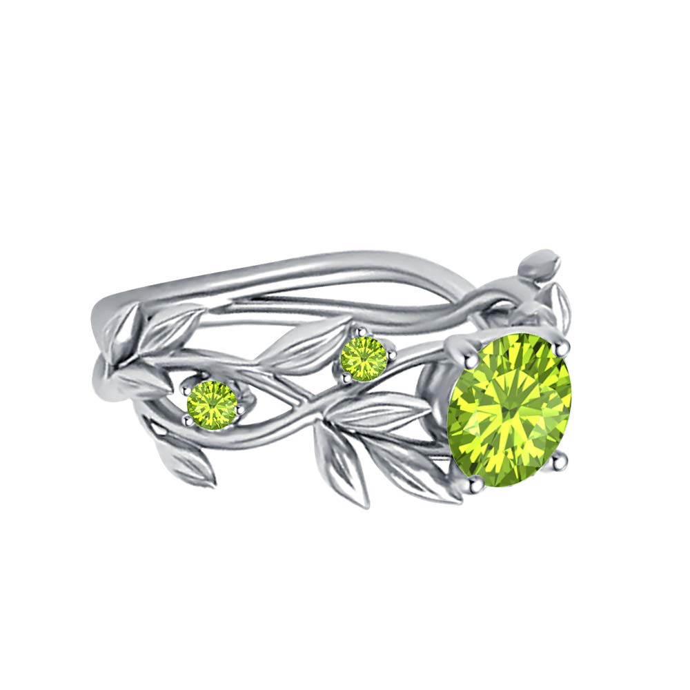 Rudrafashion Round Peridot .925 Sterling Silver White Gold Over Beautiful Floret Vine Engagement Ring For Women's (7.5)
