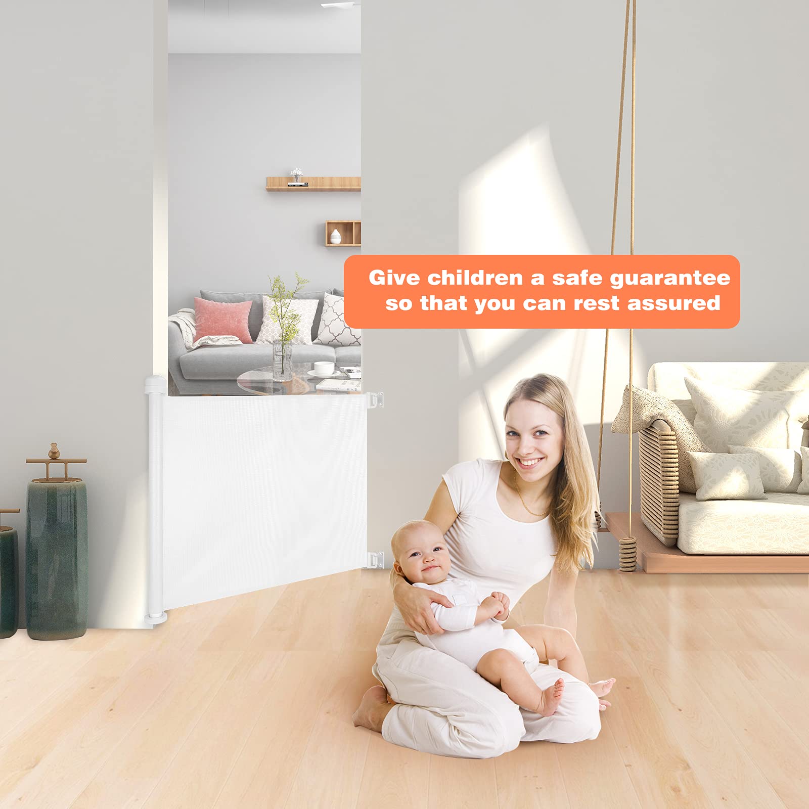 Retractable Baby Gate Mesh Safety Gate for Dog Indoor,Outdoor or Stairs 34" Tall Extends to 59" (White)