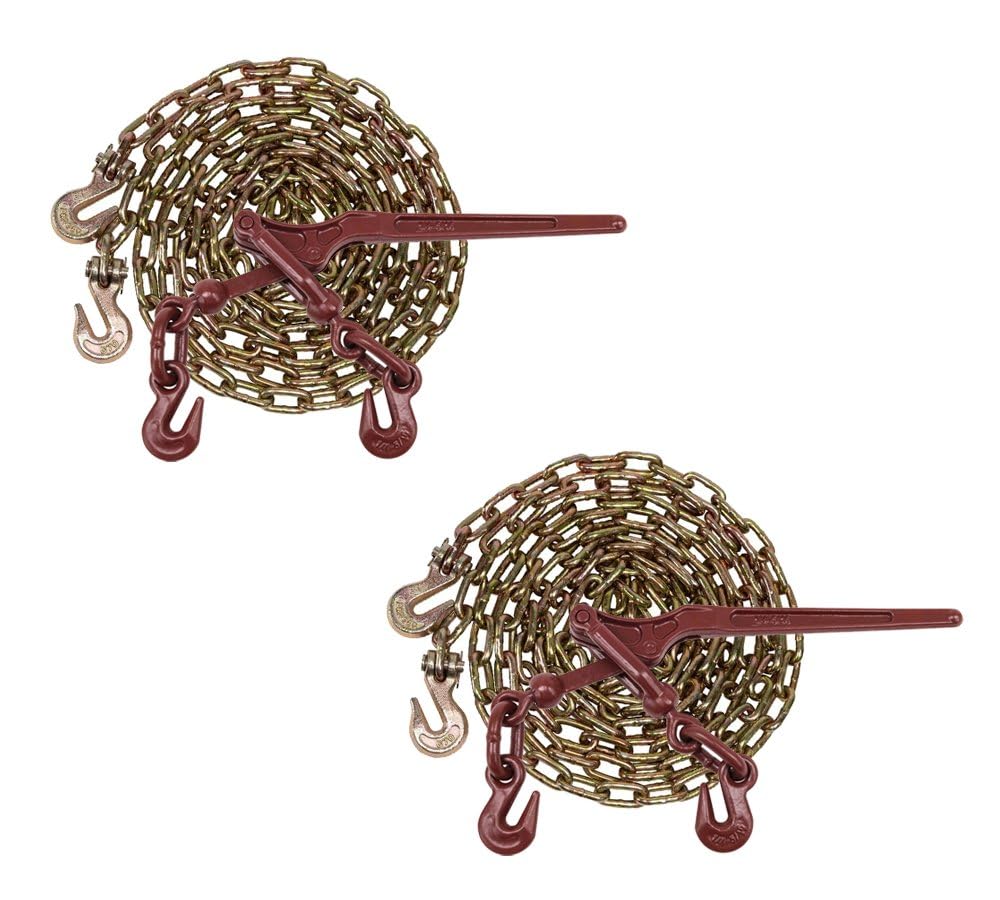 Mytee Products 3/8" Grade 70 Chain and Binder Kit | Includes (8) 3/8" - 1/2" G70 Lever Style Snap Binder & (8) 3/8" x 20' G70 Chain w/Grab Hooks | 5400 lbs Safe Load Limit for Truck & Flatbed Trailer