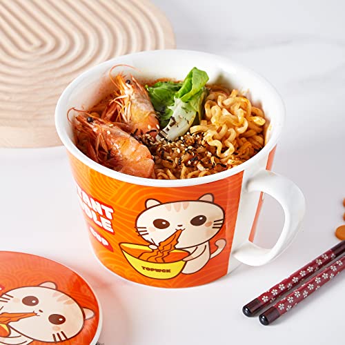 TOPWCK 34oz Large Microwavable Ceramic Ramen Bowl with Lid, Handle, Chopsticks, Cute Anime Japanese Instant Noodle Cooker Soup Bowl, Gift for Teens Kids (Cat)