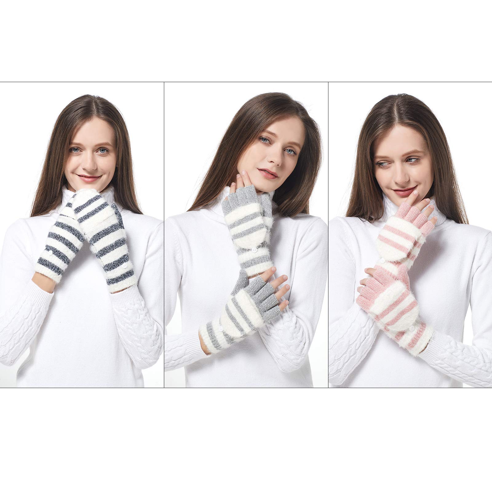 REACH STAR Winter Knitted Convertible Fingerless Gloves Warm Mitten Glove for Women Half Finger Flip Top Thermal Texting(Black)