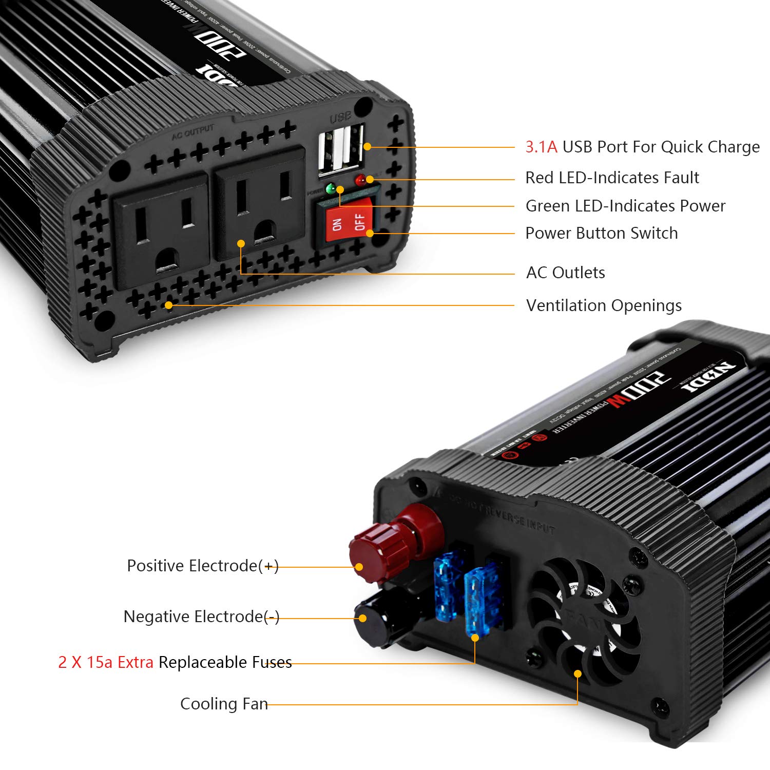 NDDI 200W Car Power Inverter 12V DC to 110V AC Converter with 3.1A Dual USB Quick Car Charger Adapter(Black)