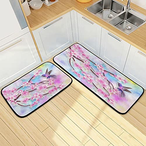 Spring Hummingbird Watercolor Kitchen Mat Rugs Set of 2 Pink Cherry Blossoms Comfort Floor Runner Anti Fatigue Non Slid Cushioned Kitchen Carpet Rug for Living Room Laundry Hallway Home Decor