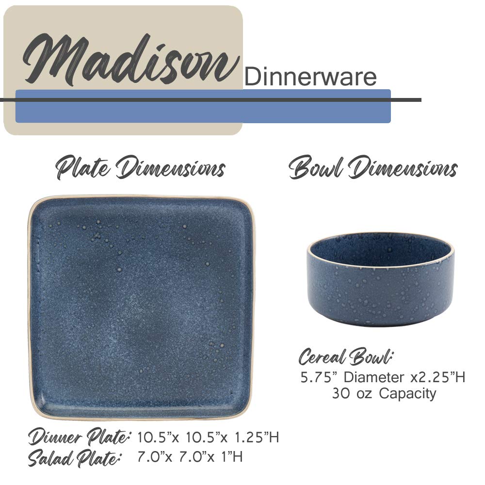 Tabletops Gallery Madison Fashion Dinnerware Collection- Square Contemporary Modern Reactive Glaze Dinner Salad Plate Bowl 4 Place Setting, 12 Piece Madison Dinnerware set in Speckled Grey
