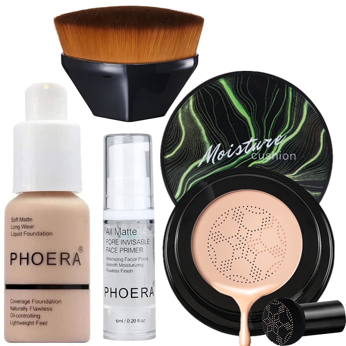 PHOERA 30ml Foundation Liquid Full Coverage 24HR Matte Oil Control Concealer (Nude #102) with Face Primer & Air Cushion CC Cream BB Cream Mushroom Head Foundation & Petal-Shaped Cosmetics Brush