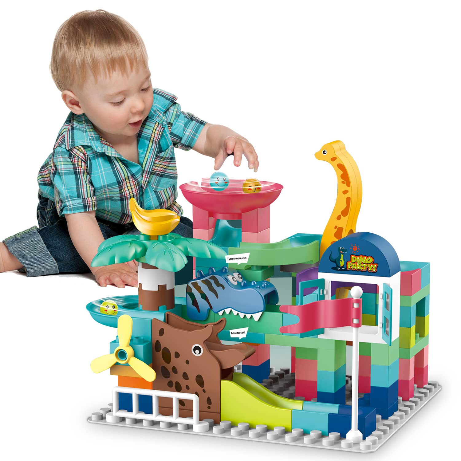 WINGIFT 112 Piece Marble Run Building Blocks Dinosaur Toy, STEM Toy Bricks Set with Functional Dinosaur Building Blocks,Marble Maze Building Toys Compatible with All Major Brands for Kids Ages 3 4 5+