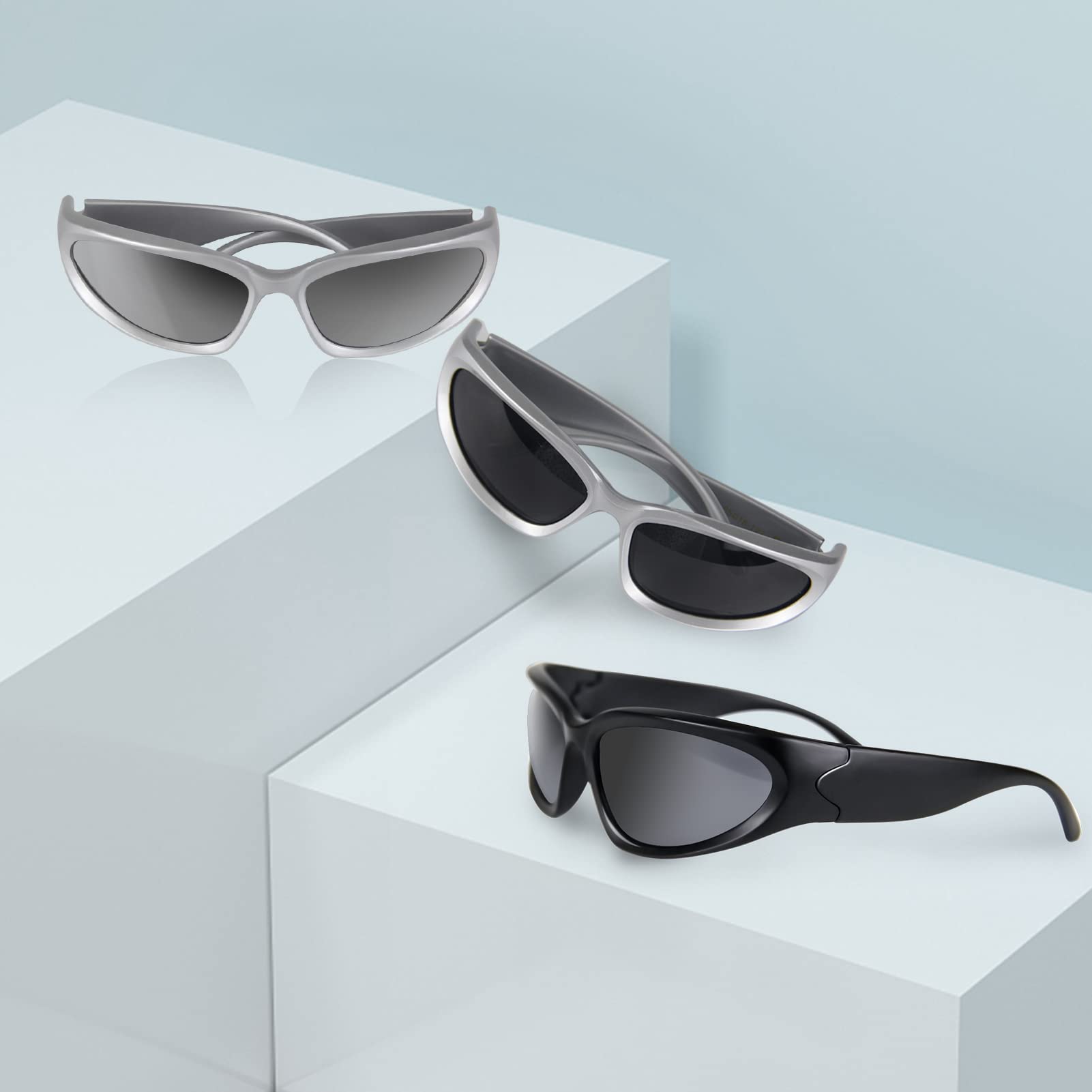 milramtob Y2K Wrap Around Sunglasses Trendy Silver Glasses Retro 90s Shades Women Futuristic