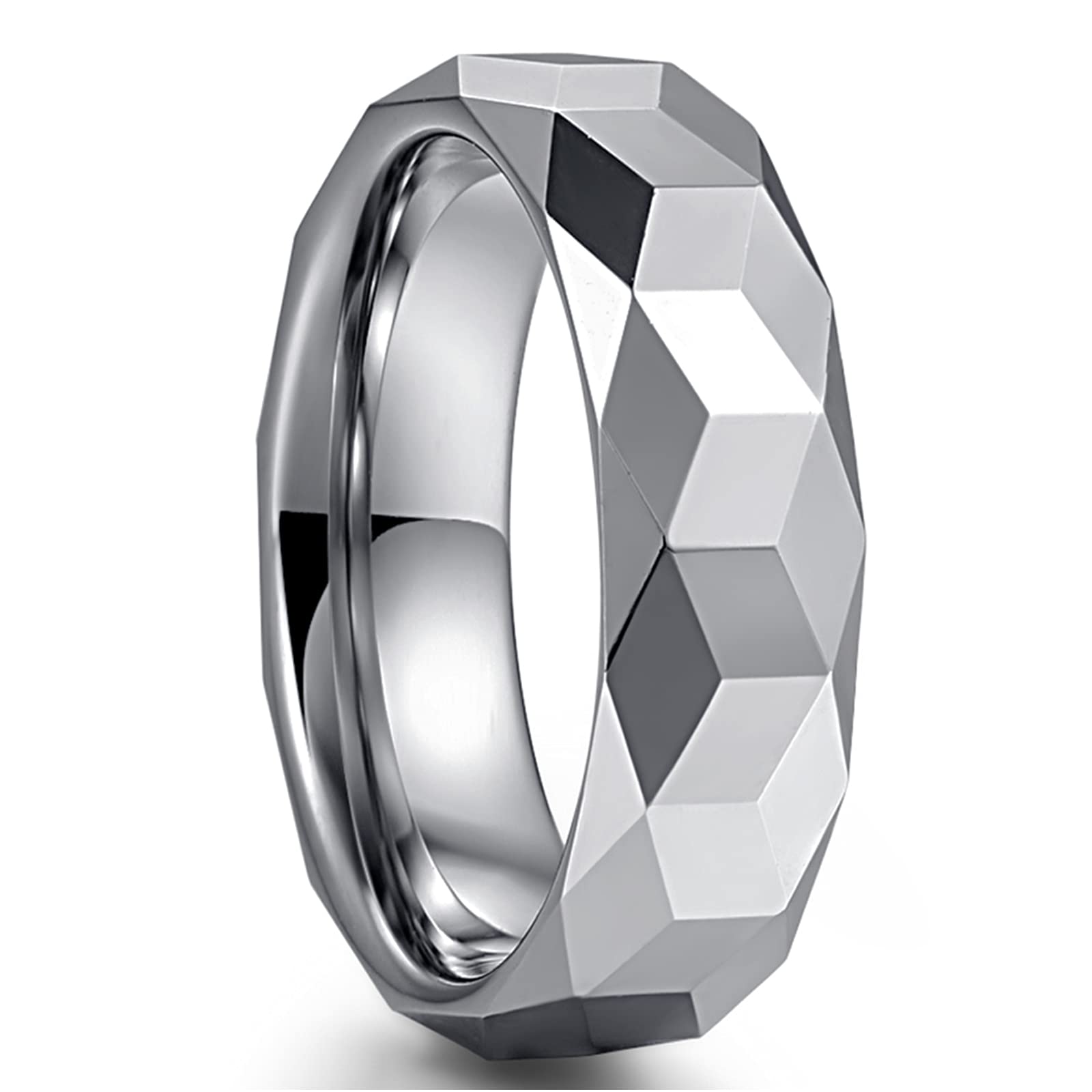 Phyonio Silver Multi-Faceted Engagement Ring for Men Women with Faceted Highly Polished Tungsten Wedding Band 6mm Comfort Fit Size 11