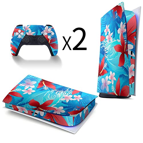 Tropical Red Hibiscus Flowers Full Protective Skin Cover Design Wrap Decal Sticker Compatible with PS5 Digital Edition Console and Controller