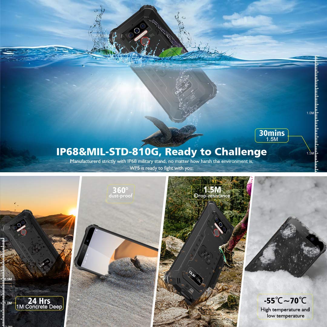 Rugged Cell Phone Unlocked OUKITEL WP5, 8000mAh Battery, Android 10.0 Rugged Smartphone,5.5 Inch 4GB RAM+32GB ROM,IP68 Waterproof Shockproof Phone with 4 LED Flashlights,Triple Camera,Dual SIM 4G