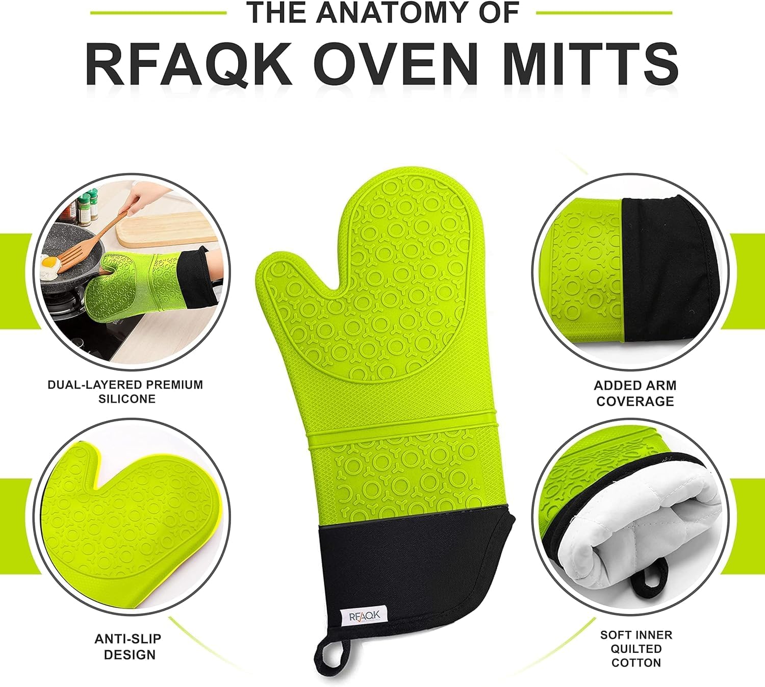 RFAQK Oven Mitts and Pot Holders Sets- Extra Long Silicone Oven Mitts, Oven Mitts Heat Resistant with Quilted Soft Liner and Mini Oven Mittens Sets for Kitchen, Baking, Grill and BBQ-Green (Pack of 6)