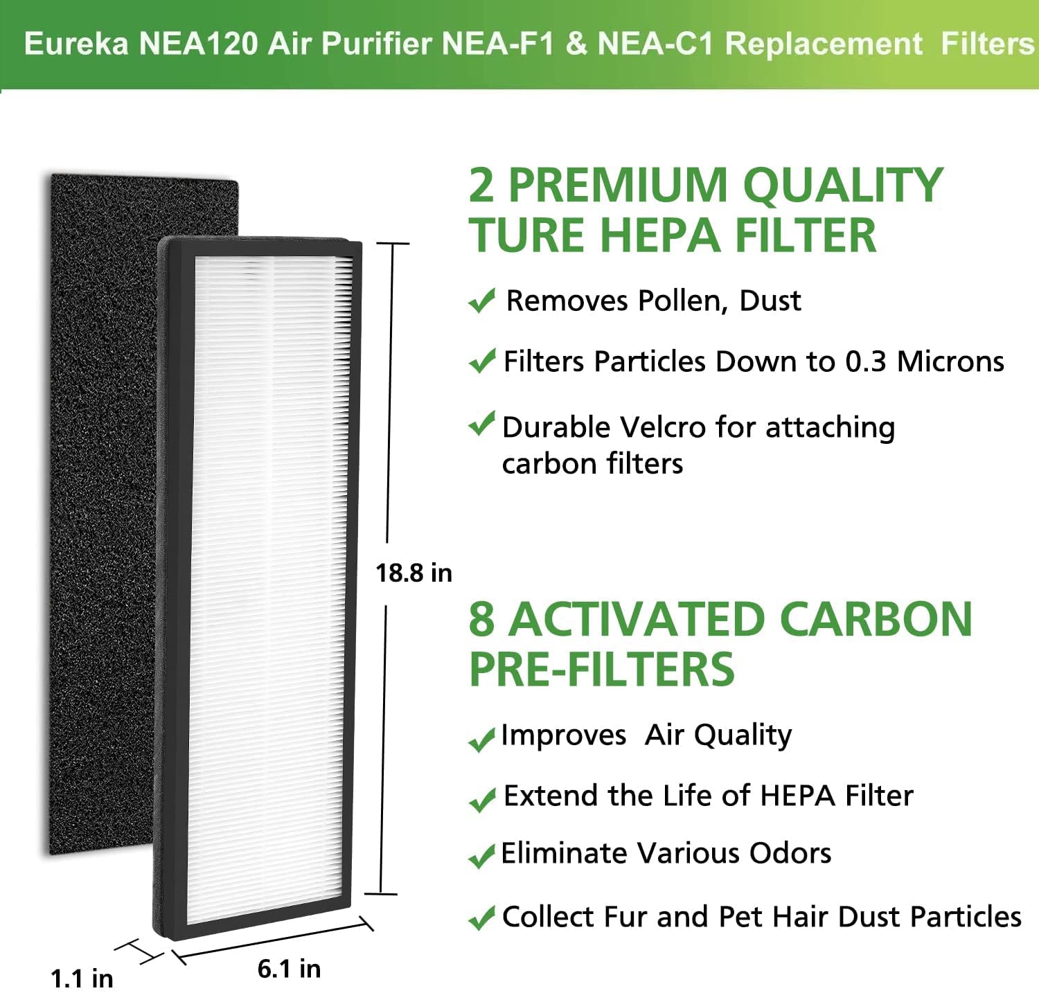 NEA-F1 H13 True HEPA Replacement Filter for Eureka NEA120 and Toshiba Smart WiFi Air Purifier,2 Pack NEA-F1 H13 True HEPA Filter and 8 Pack NEA-C1 Activated Carbon Replacement Filter