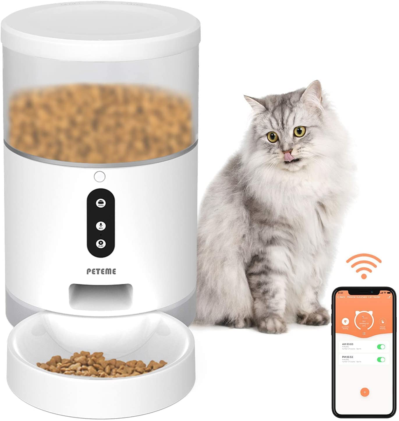 Peteme Automatic Cat Feeder, Smart Pet Feeder for Small Animals, Cat Food Dispenser for Dog with APP Cotrol, 2.4G Wi-Fi Enabled, Portion Control, 4L